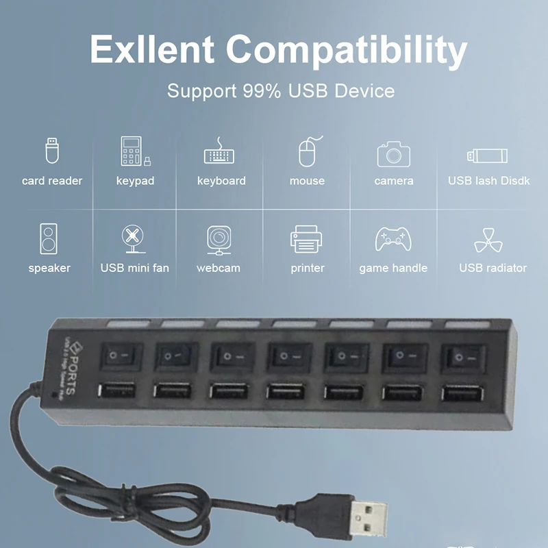 USB Port HUB 7 Port High Speed Independent Switch 4 Bit Splitter 2.0 ...