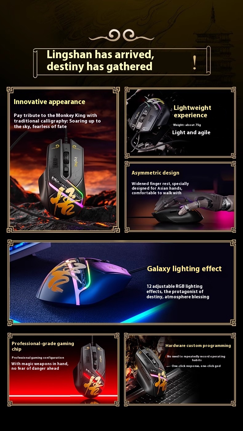 INPHIC PG1 Wukong Edition Wired Mouse RGB 12800DPI 7000FPS Lightweight ...