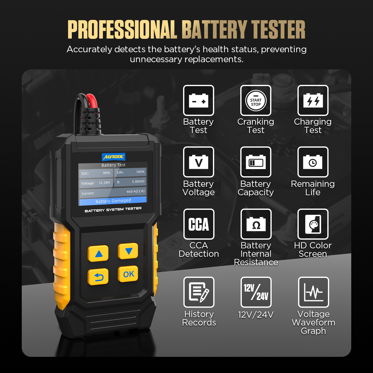 AUTOOL BT360 12V Car Battery Tester, Battery Analyzer Autumotive ...