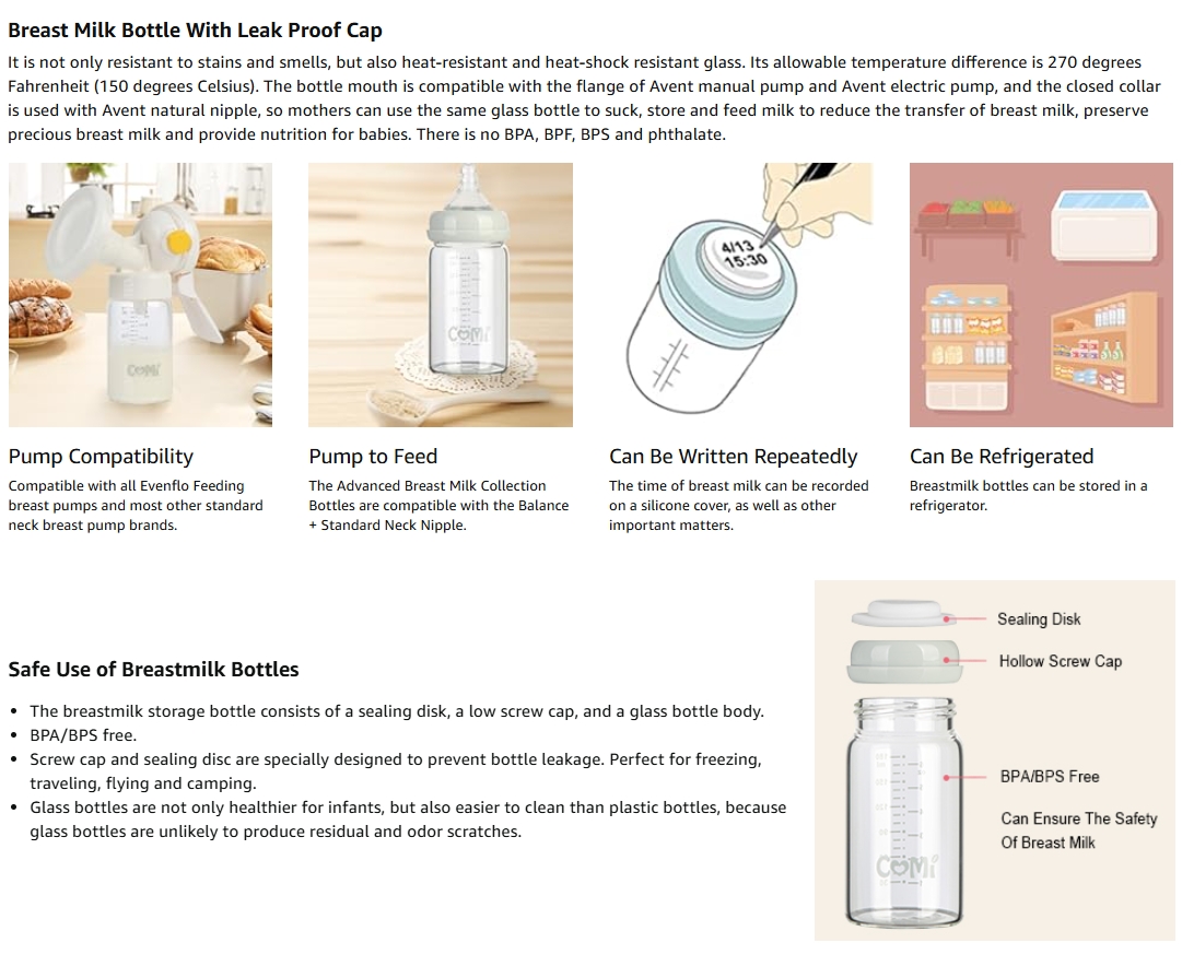 Two Pack COMI Wide Neck Glass Breast Milk Series Storage Bottles, 6 ...