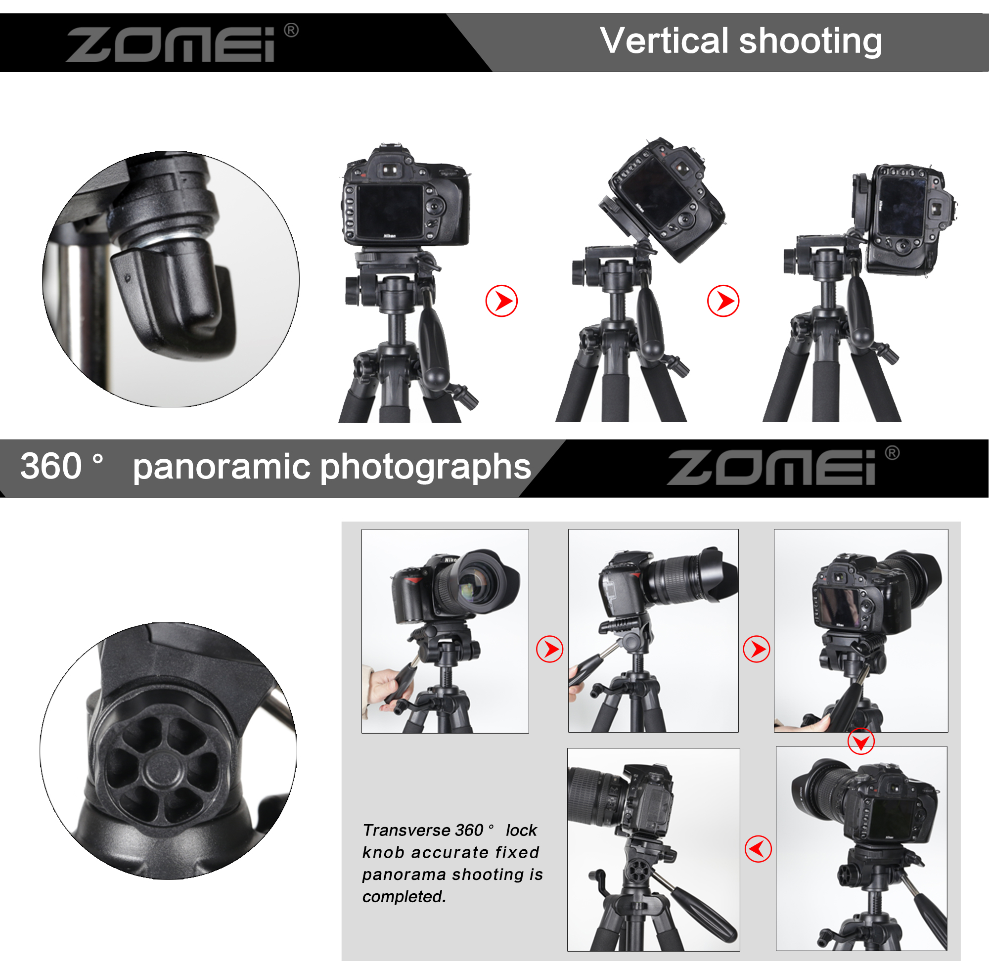 Zomei Q120/Q188 165/190cm Camera tripod Aluminum Alloy Tripod with 3 ...