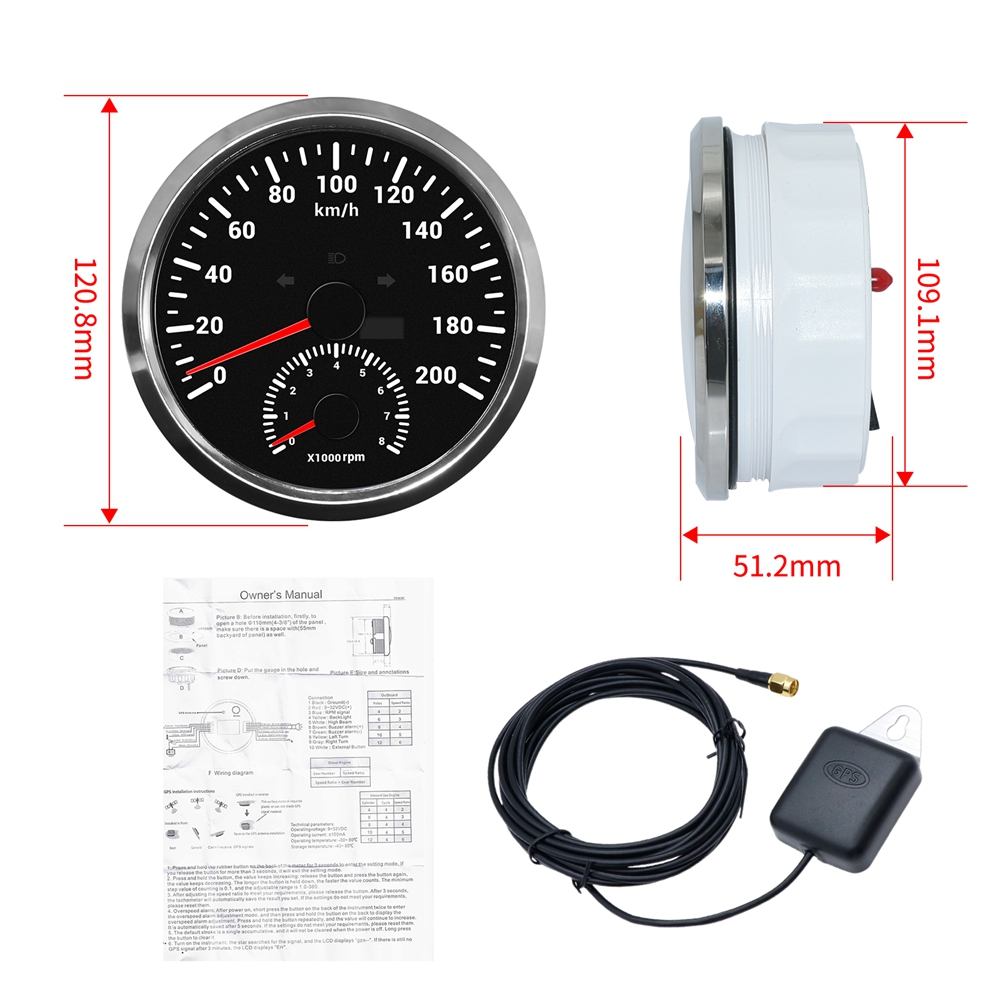 110mm 2 in 1 Digital GPS Speedometer 0-200 km/h Tachometer 0-8000RPM ...