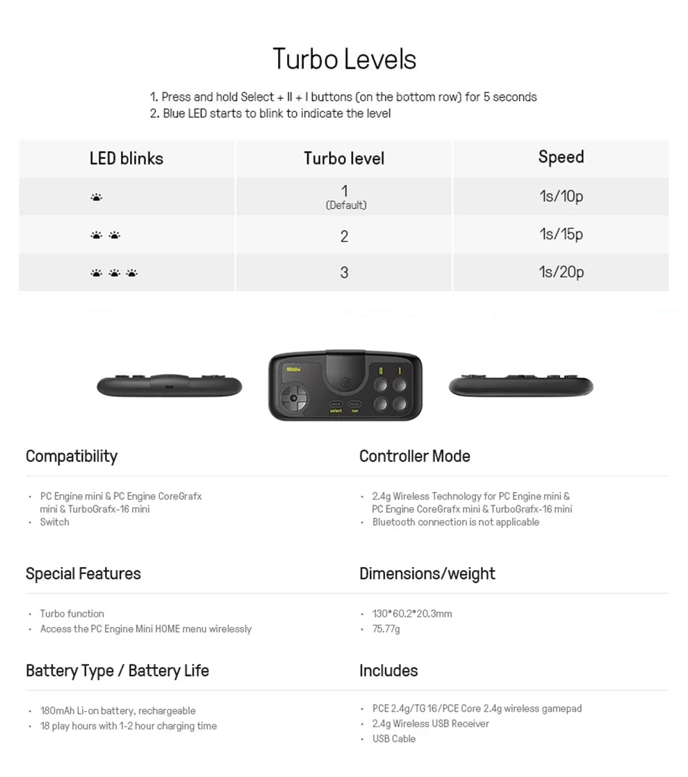 8bitdo PCE Core 2.4G Wireless Gamepad for PC Engine Mini PC Engine ...