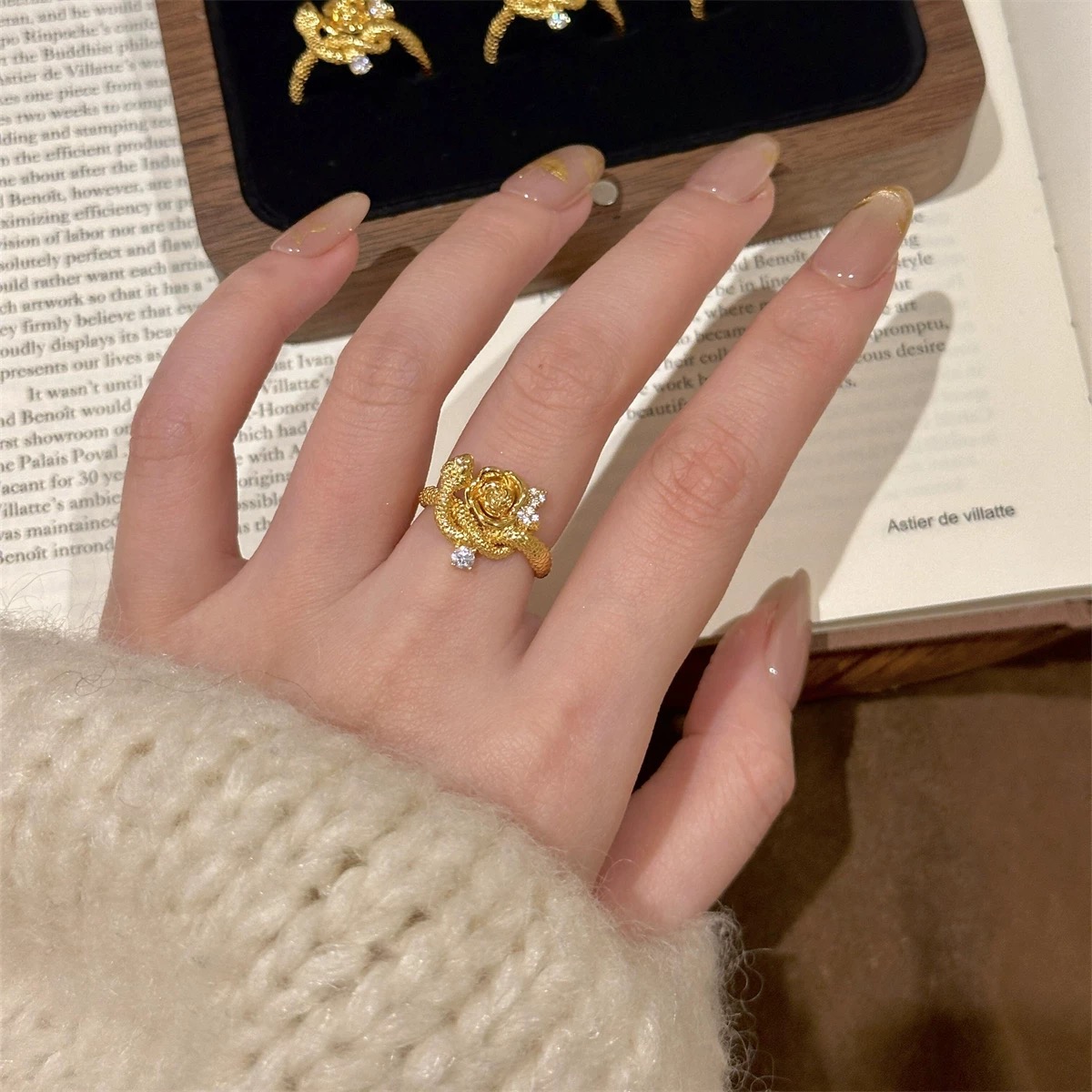 Korea fashion diamond set snake flower ring female gold color ins ...