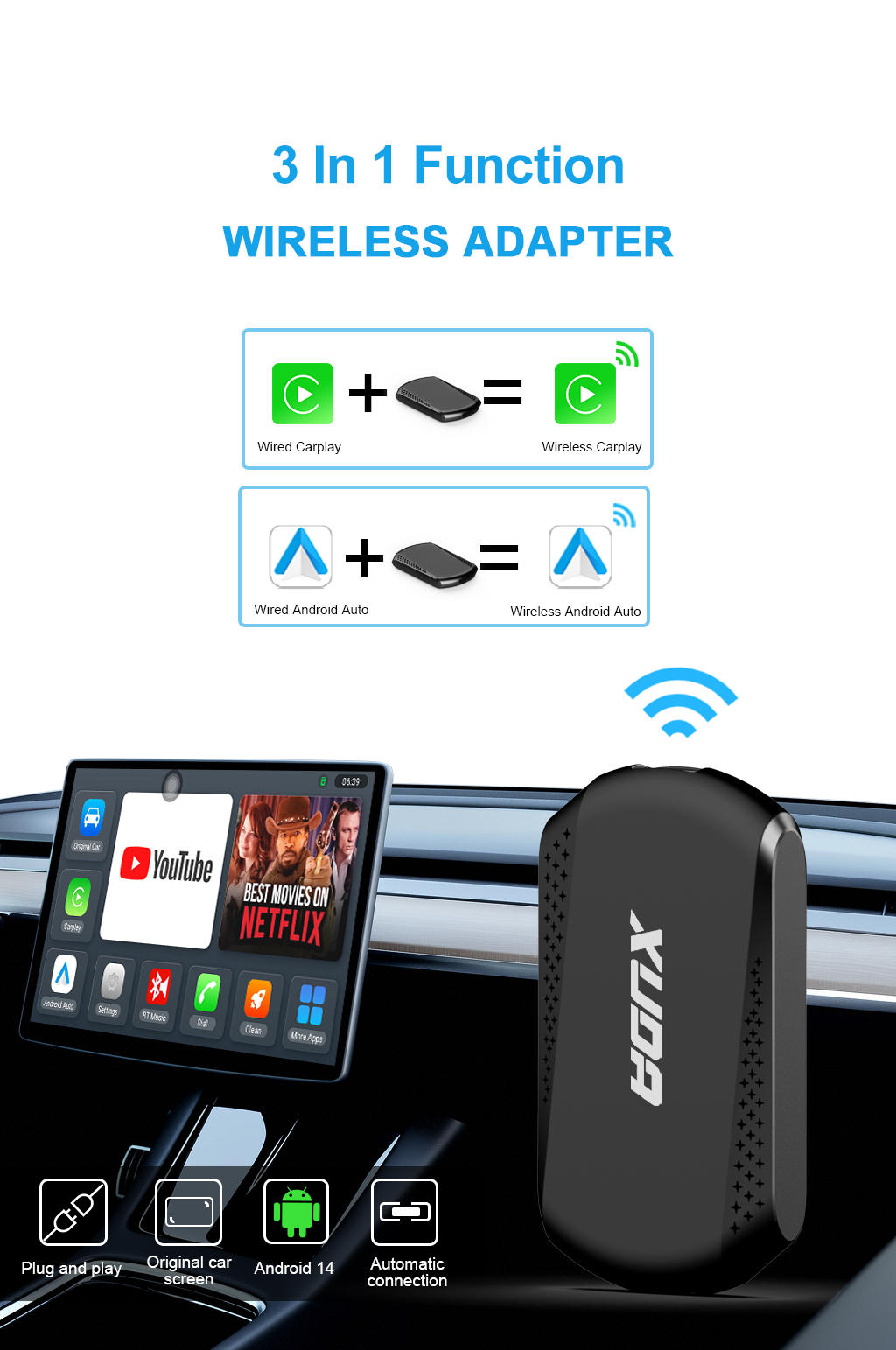XUDA 2025 New Android 14 3In1 CarPlay Ai Box Wireless Android Auto USB ...