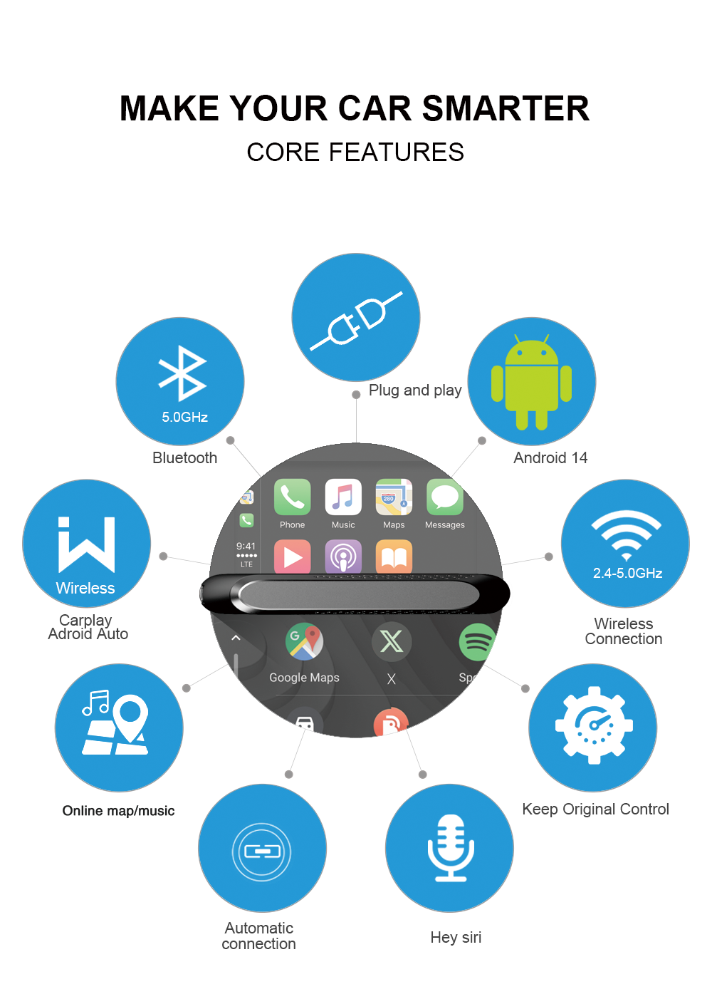 XUDA 2025 New Android 14 3In1 CarPlay Ai Box Wireless Android Auto USB ...
