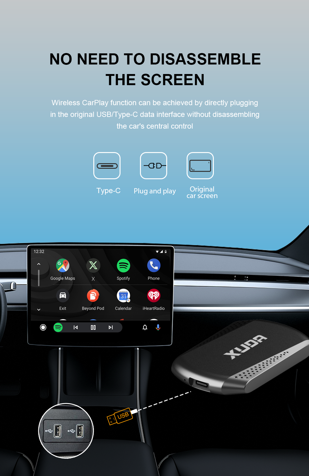 XUDA 2025 New Android 14 3In1 CarPlay Ai Box Wireless Android Auto USB ...
