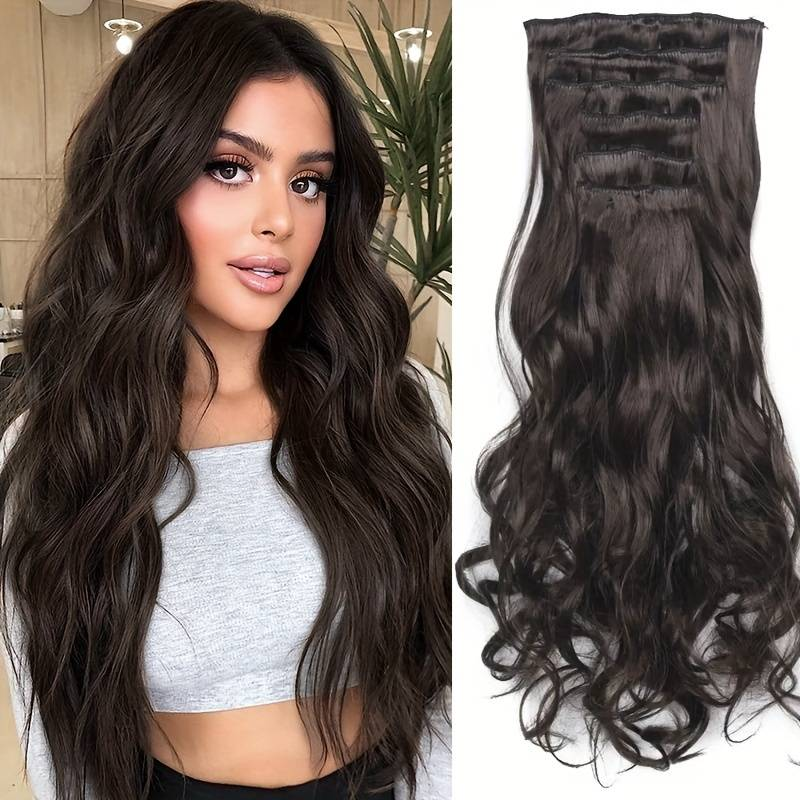18 inch clip on hair extension Long wave 6-piece set 16 card curly hair ...