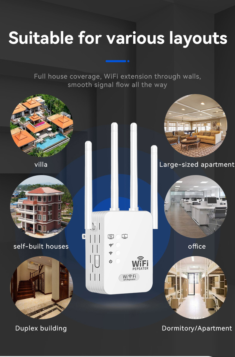 1200Mbps WiFi Repeater Wireless Extender WiFi Booster 5G 2.4G Dual-band Network Amplifier Long ...