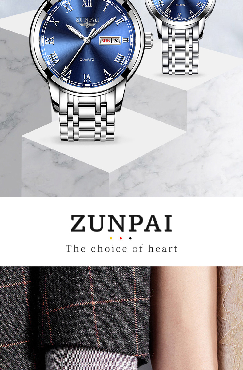 ZUNPAI Couple Watch Original Waterproof Stainless Steel Business Quartz ...