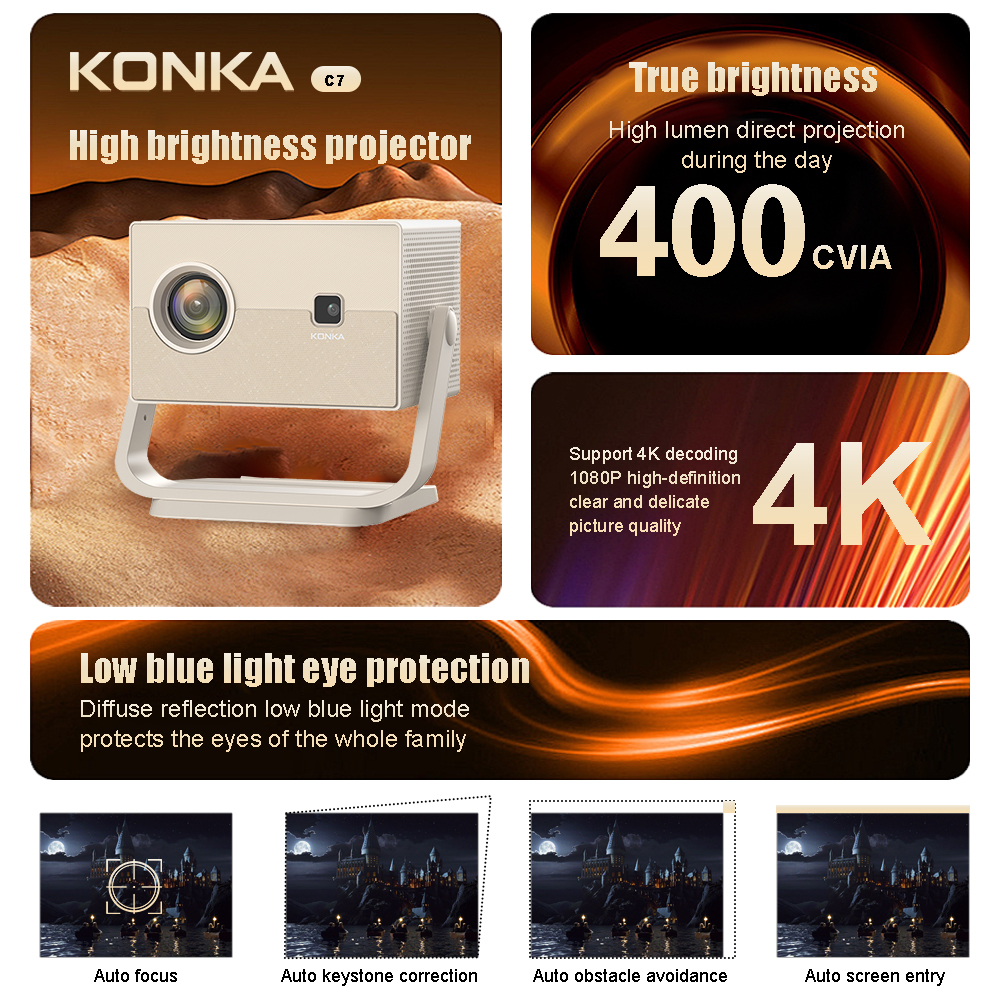 Konka C7 Projector Home 4K HD Fully Automatic Focusing Wireless Phone ...