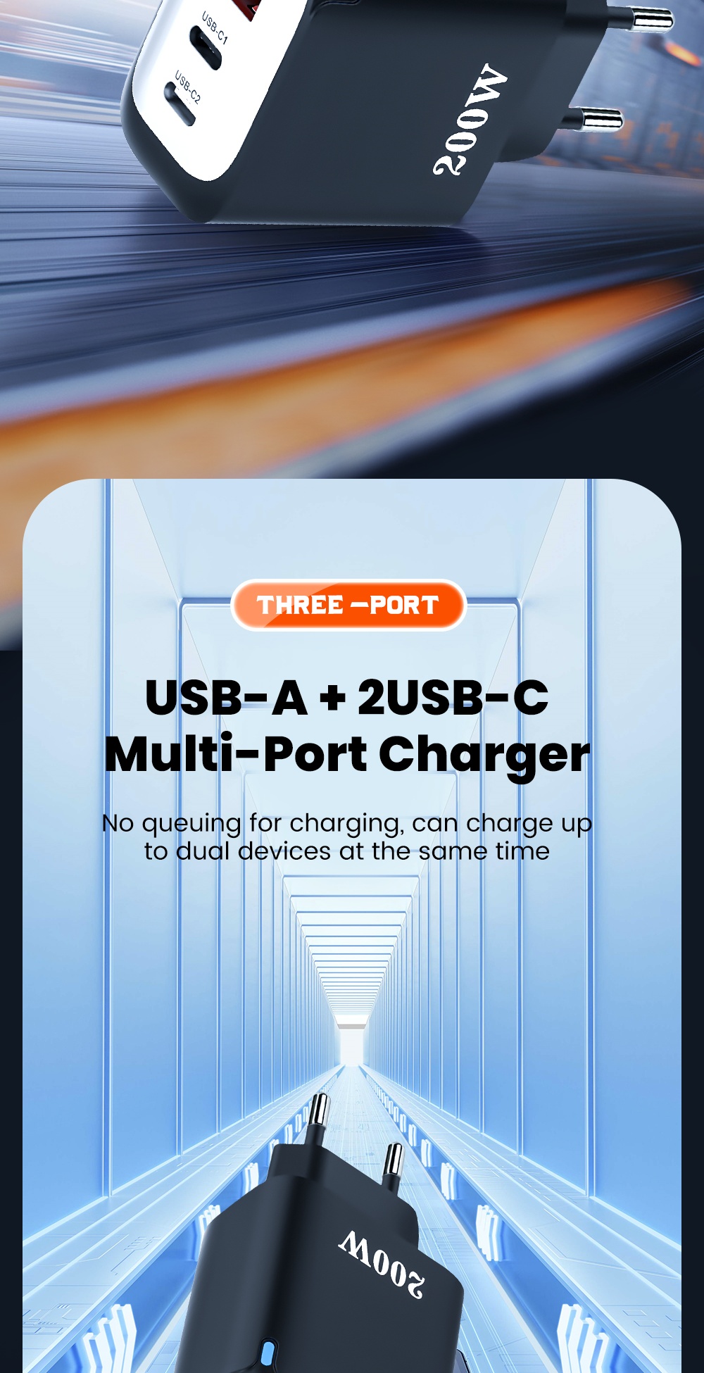 200W USB Type C Charger Quick Charge Portable Fast Charger 1U+2C Multi ...