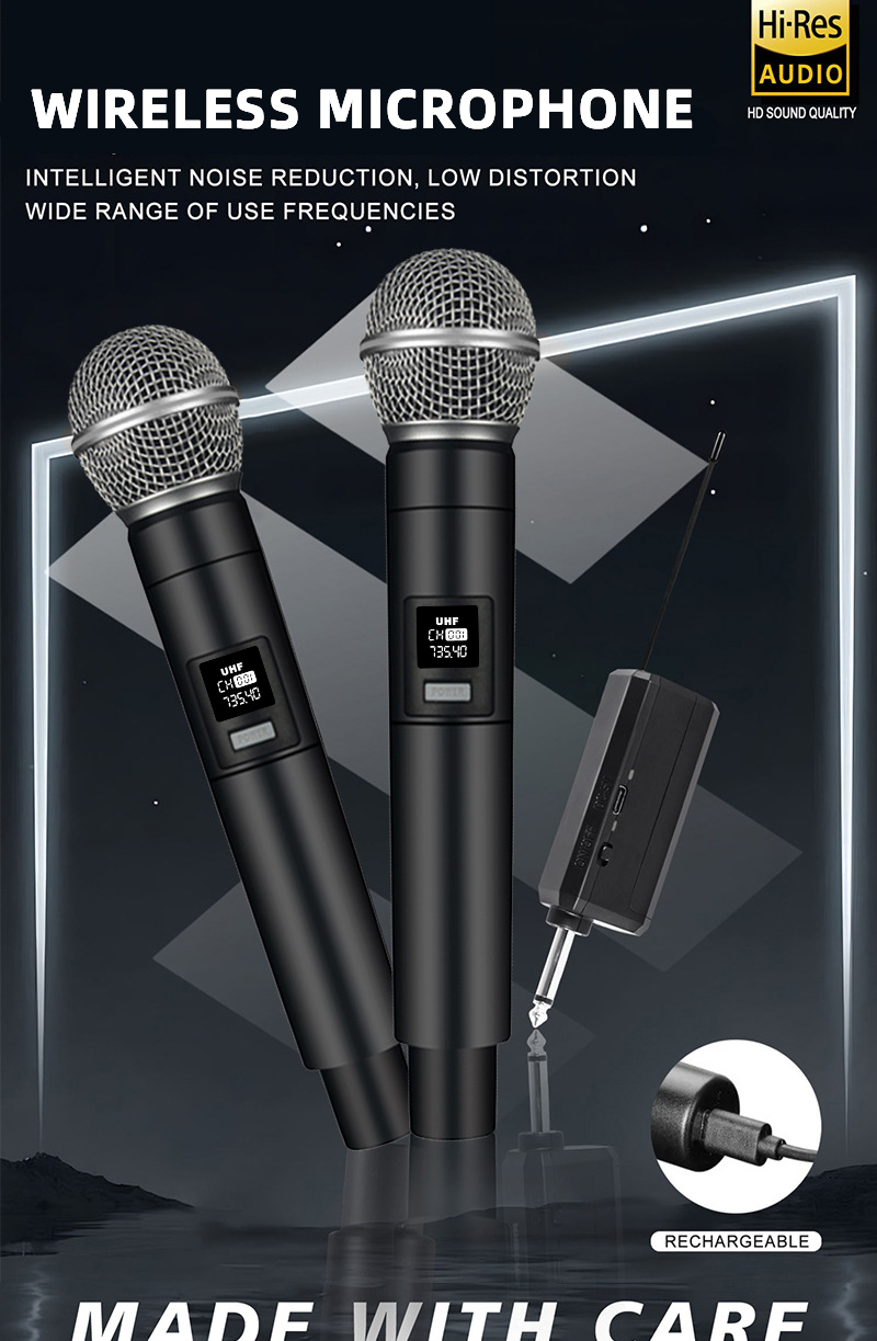 Wireless Microphone UHF-58 Dual Handheld Microphone Portable Microphone Work Range 30m/138ft ...