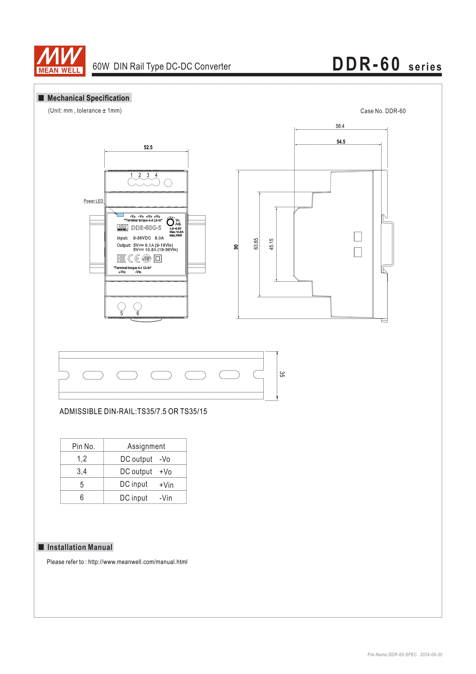 MEAN WELL DDR-60 DDR-60G-5/12/15/24 Series Power Supply 60W Slim DIN Rail DC-DC Converter ...
