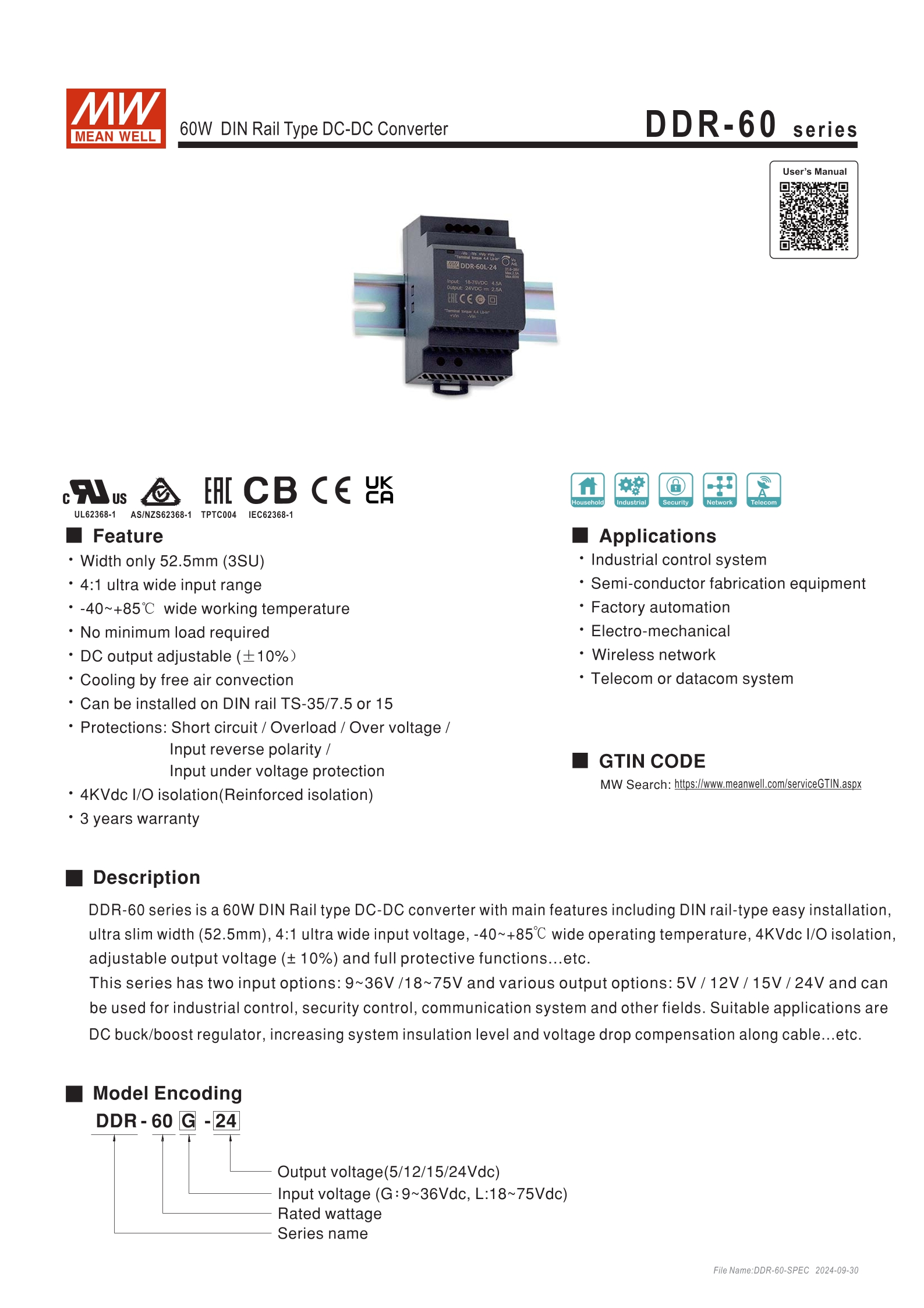 MEAN WELL DDR-60 DDR-60G-5/12/15/24 Series Power Supply 60W Slim DIN ...