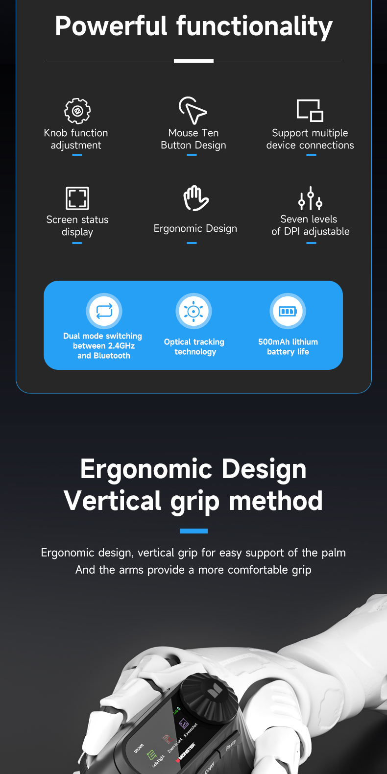 Monster M2 MAX Wireless Mouse Rechargeable Ergonomic Vertical Mouse LED ...