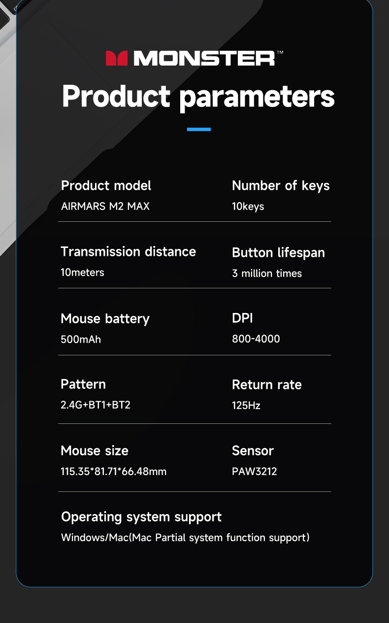 Monster M2 MAX Wireless Mouse Rechargeable Ergonomic Vertical Mouse LED 10 Buttons 800-4000 DPI ...