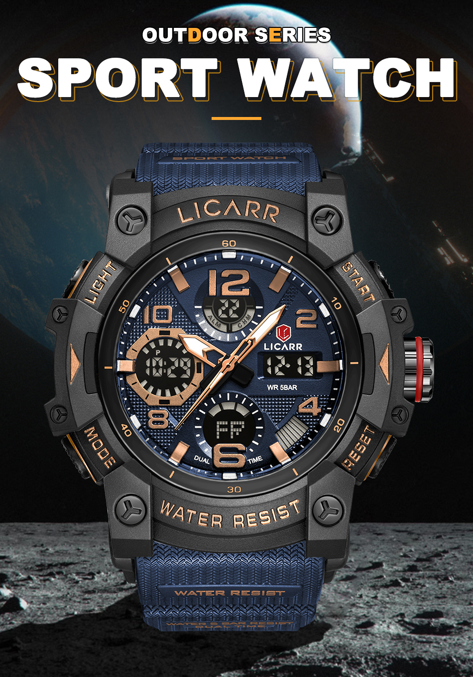 LICARR Original Top Brand Dual Display Fashion Trend Waterproof Calendar Alarm Luminous ...