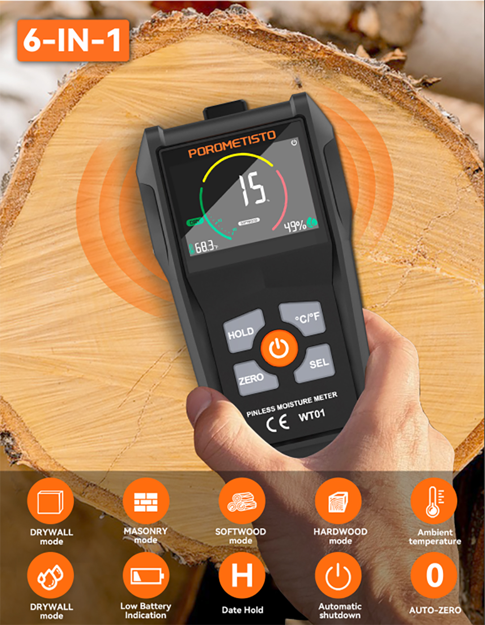 WT01 Non-Destructive Wood Moisture Meter 6-in-1 Handheld VA Digital ...