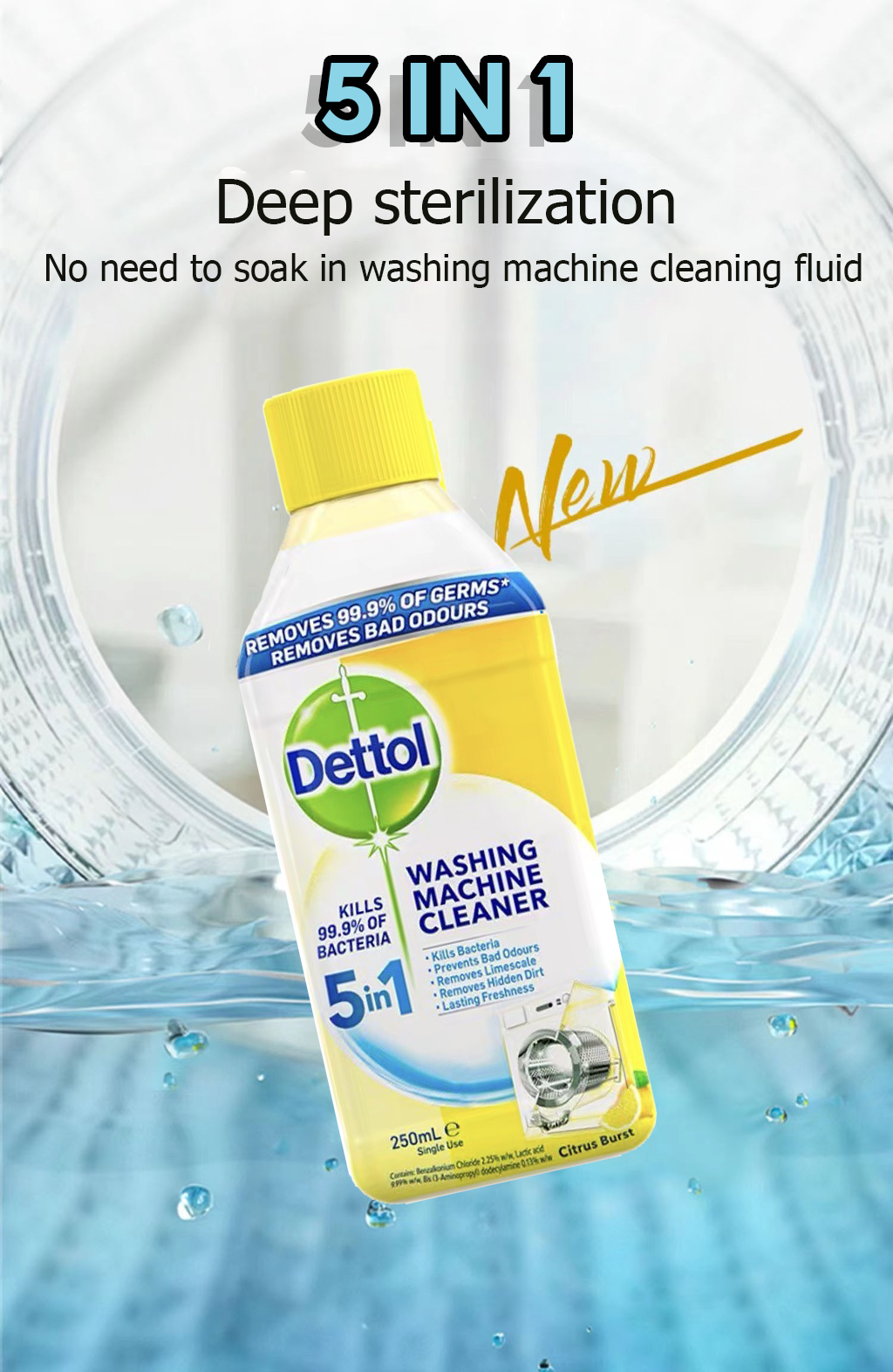 Dettol 5In1 Washing Machine Cleaner Kill 99.9% Of Bacteria Lemon scent ...