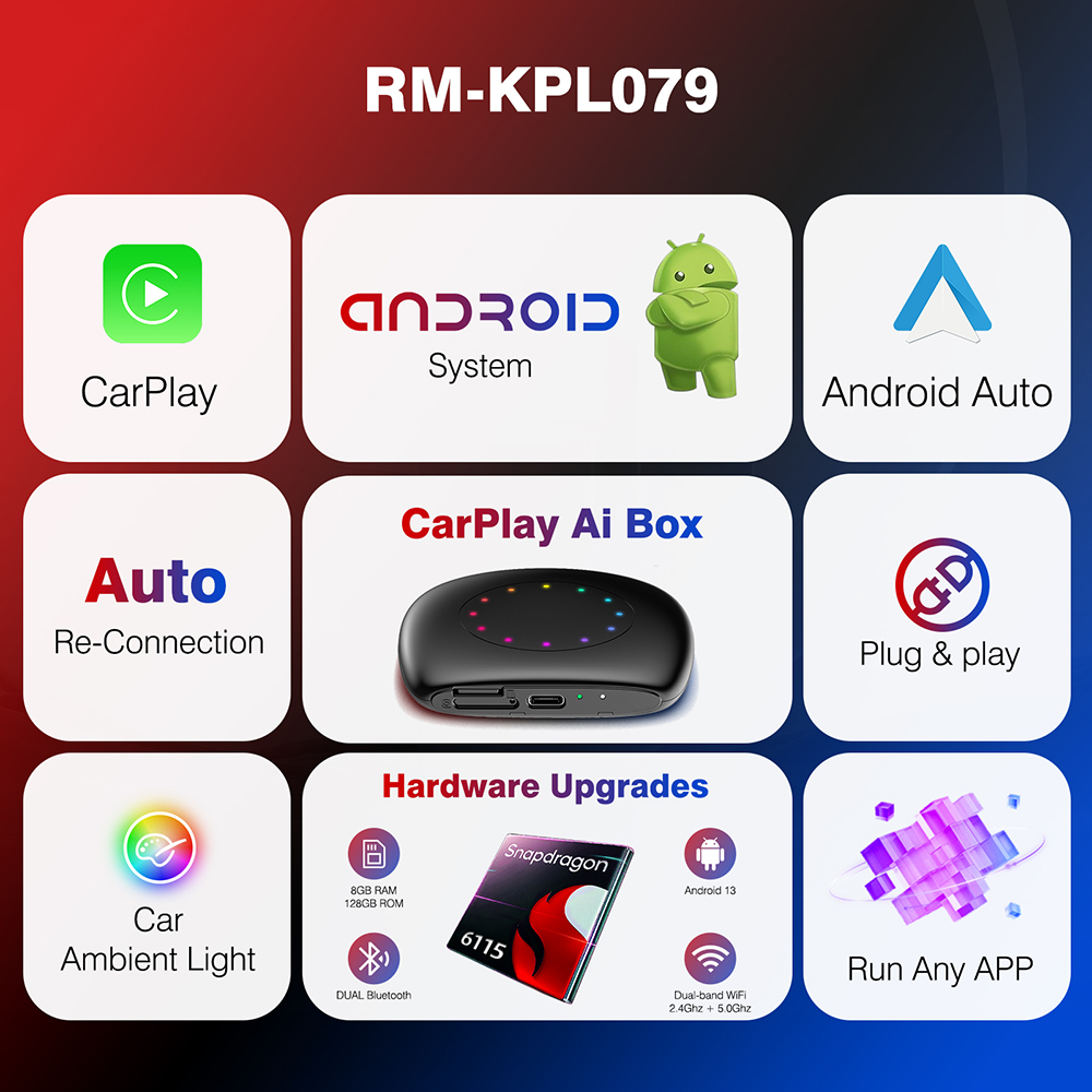 CarPlay Android Ai Box Wired To Wireless Android Auto Qualcomm Octa-core 4G+64G/8+128g Plug and ...