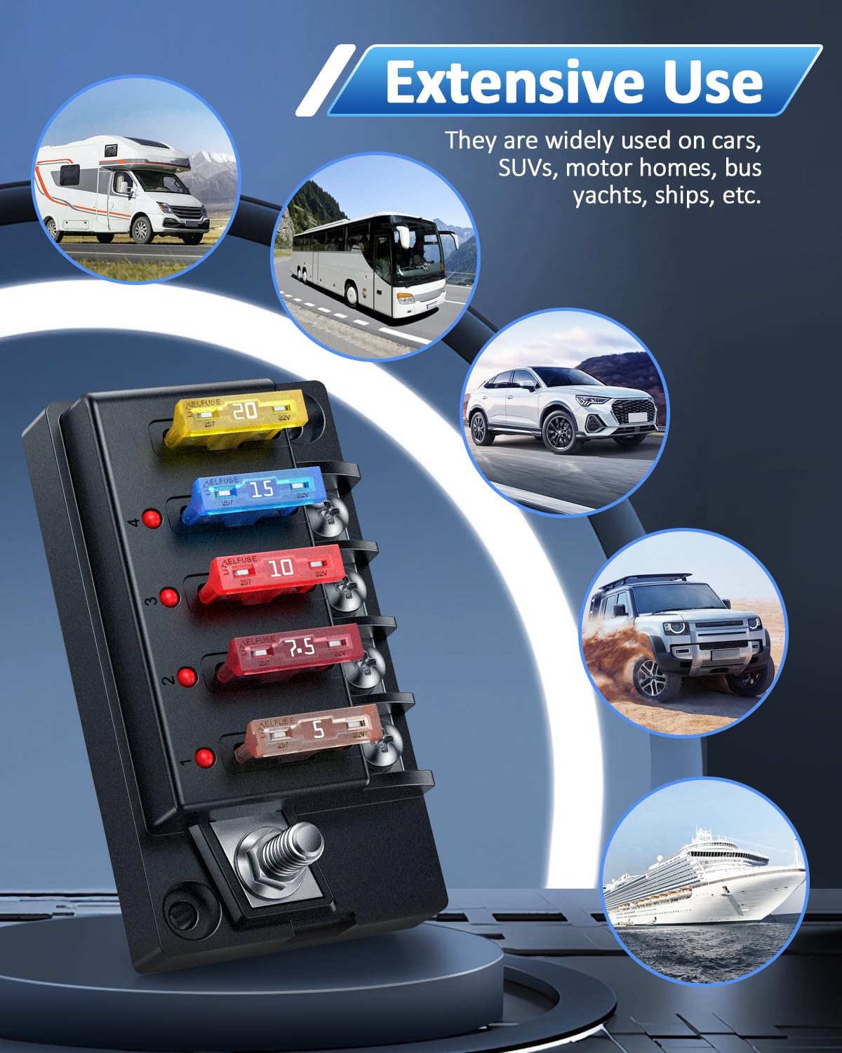 12V Fuse Block, 4 Circuit 12 Volt Blade Fuse Box Kit with LED Indicator ...