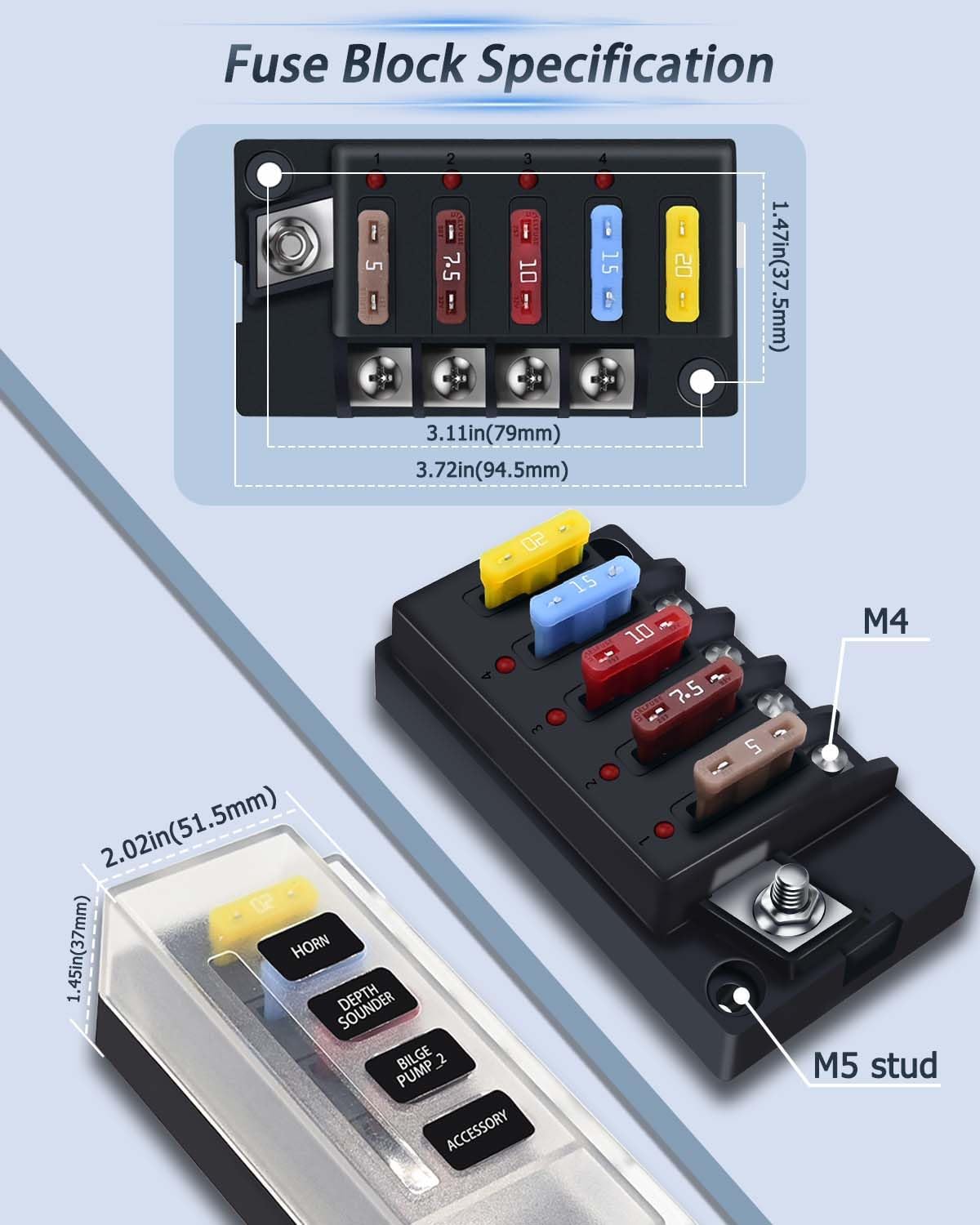 12V Fuse Block, 4 Circuits Waterproof Marine Fuse Panel Relay Box Kit ...
