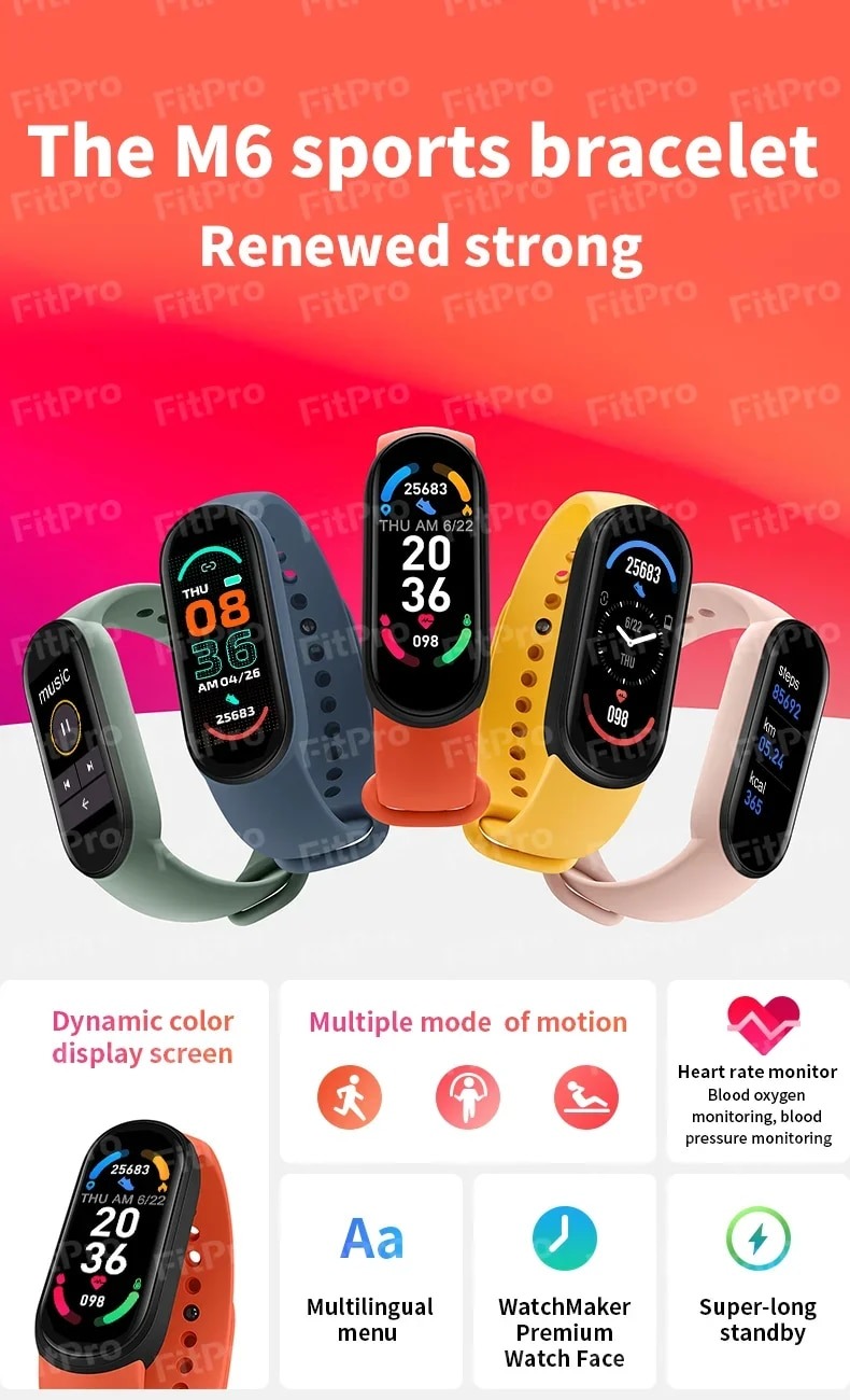 M6 Smart Watch Men Women Fitness Smart Bracelet Sports Band Heart Rate Blood Pressure Monitor ...