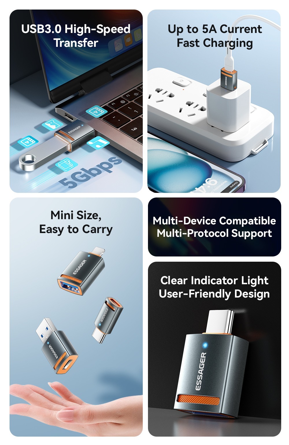 Essager 3A type c/micro/USB/L Adapter 5Gbps High Speed Transmit OTG ...