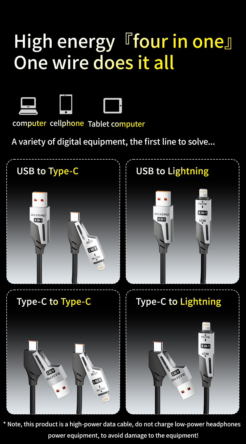 4-in-1 Spring Telescopic Data Cable 65W Fast Charging Cable PD27W Type ...