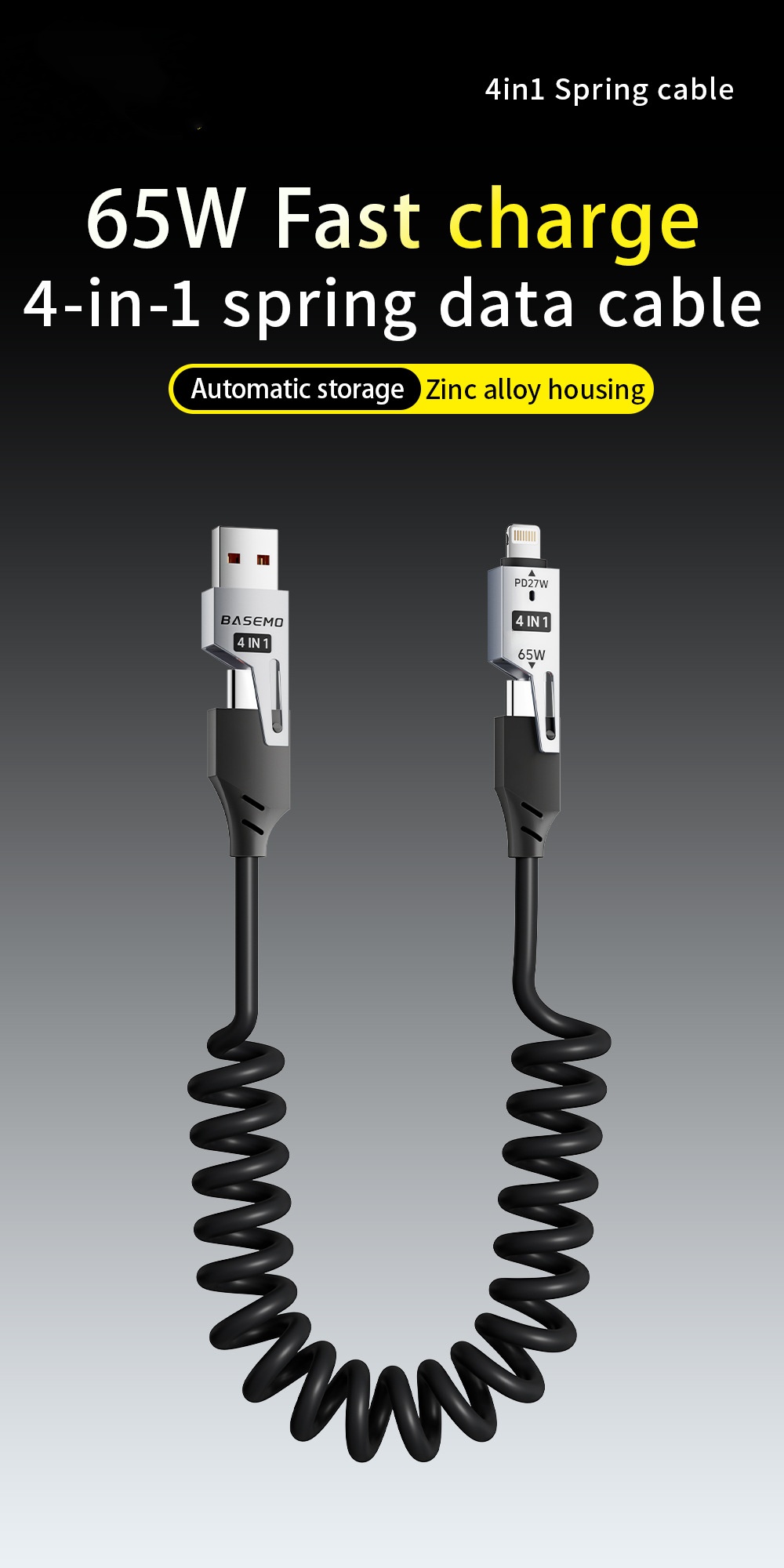 4-in-1 Spring Telescopic Data Cable 65W Fast Charging Cable PD27W Type ...