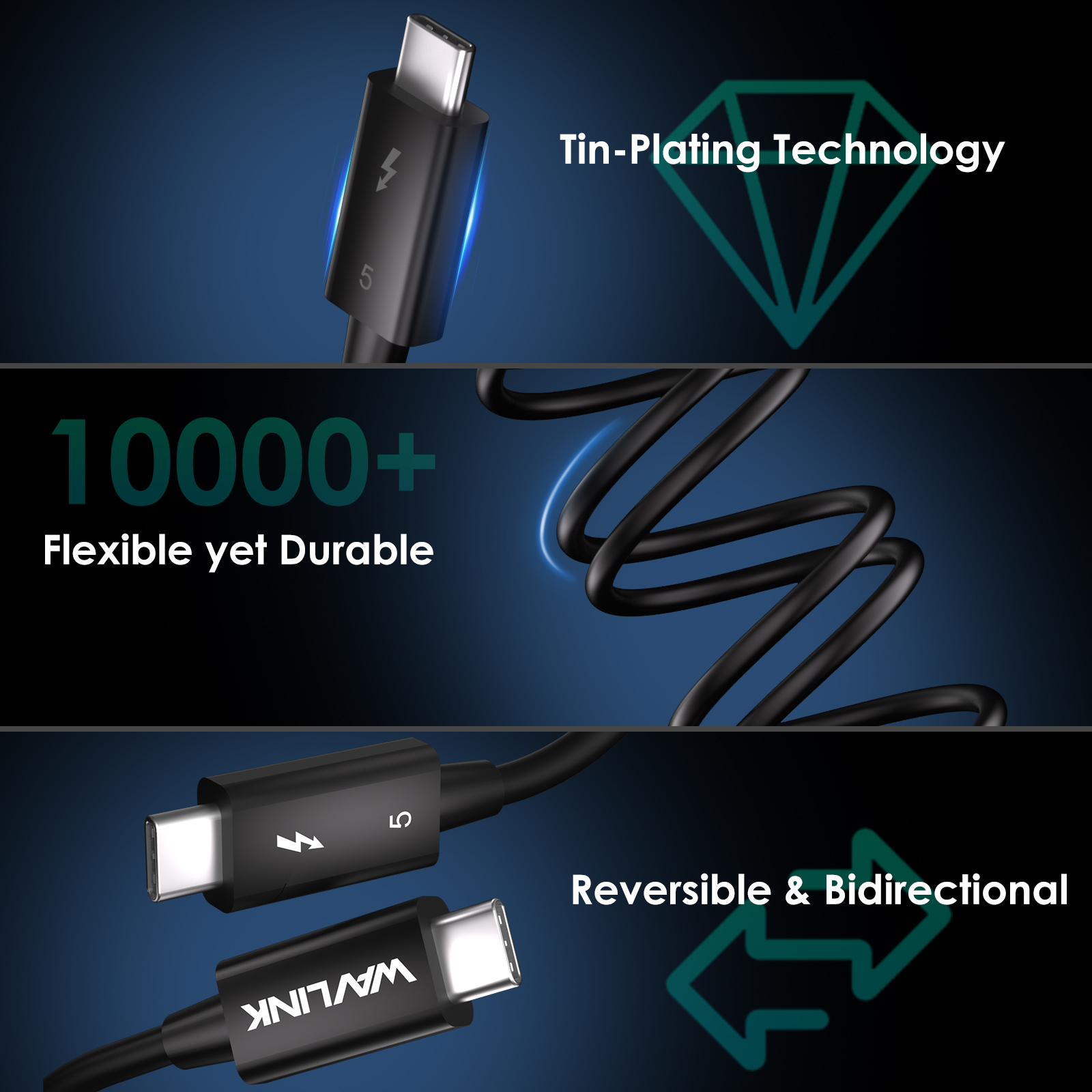 WAVLINK Thunderbolt 5 Certification Cable 120Gbps Fast Data 240W Power Delivery USB-C Cable 8K ...