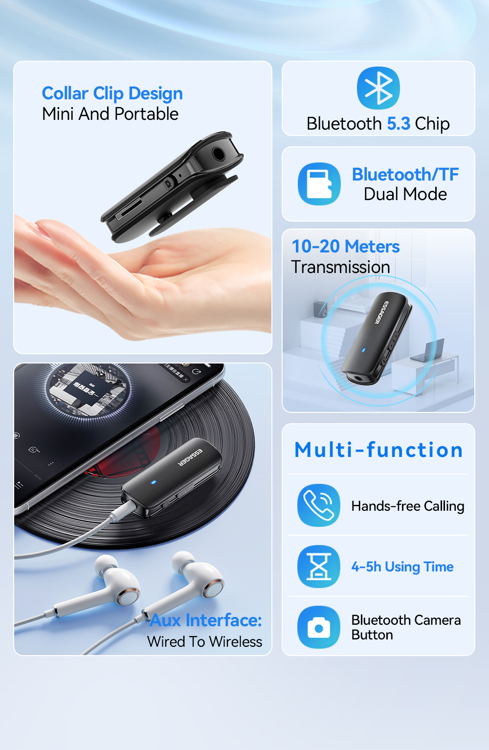 The Essager Bluetooth 5.3 Adapter includes Type-C, a 3.5mm audio cable ...