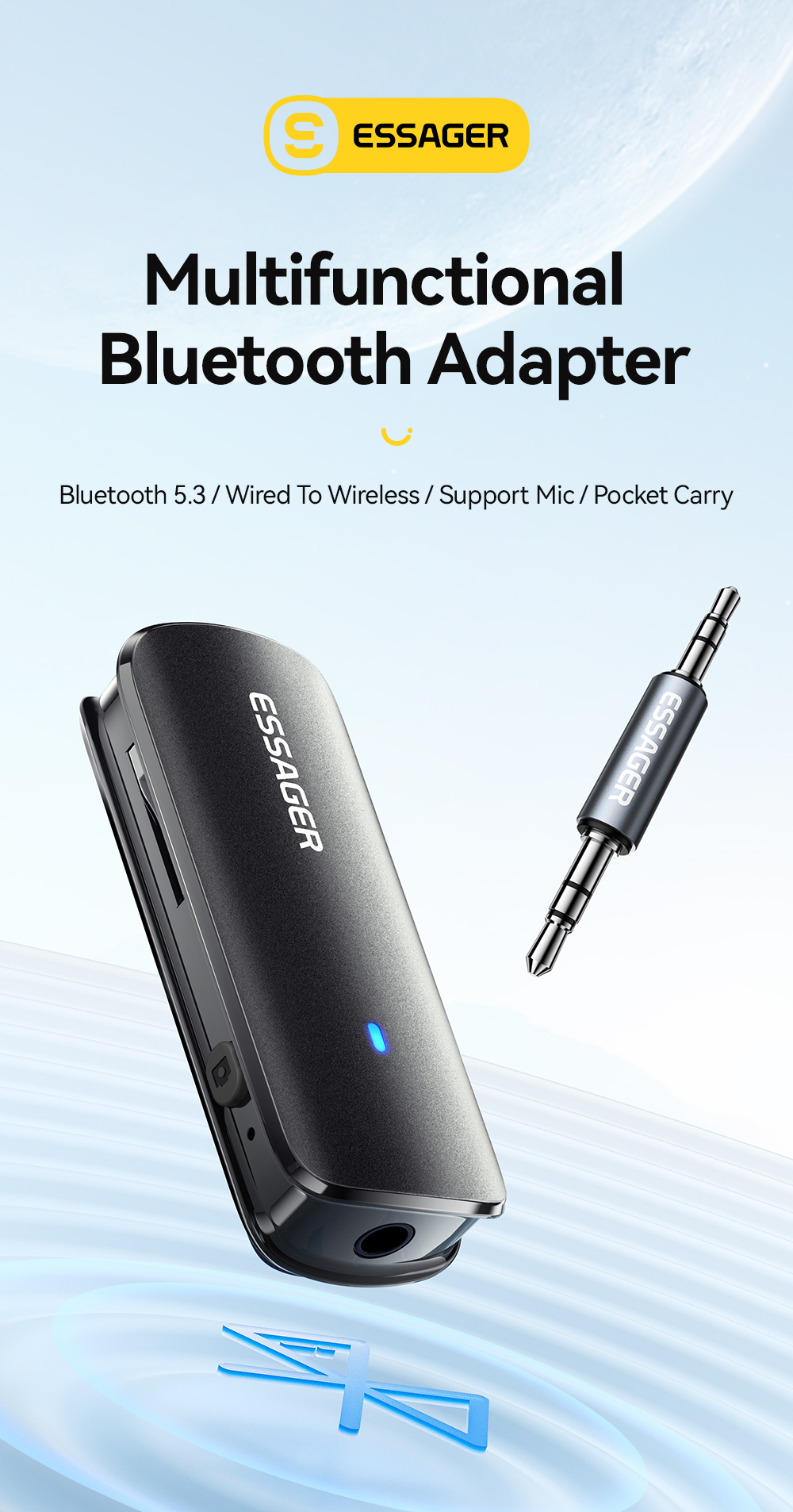 The Essager Bluetooth 5.3 Adapter includes Type-C, a 3.5mm audio cable ...
