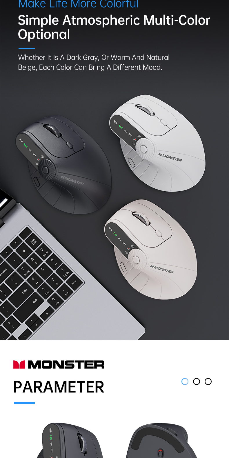 Monster M2Pro/M2MAX Wireless Mouse Ergonomic Vertical Mice LED 8 ...