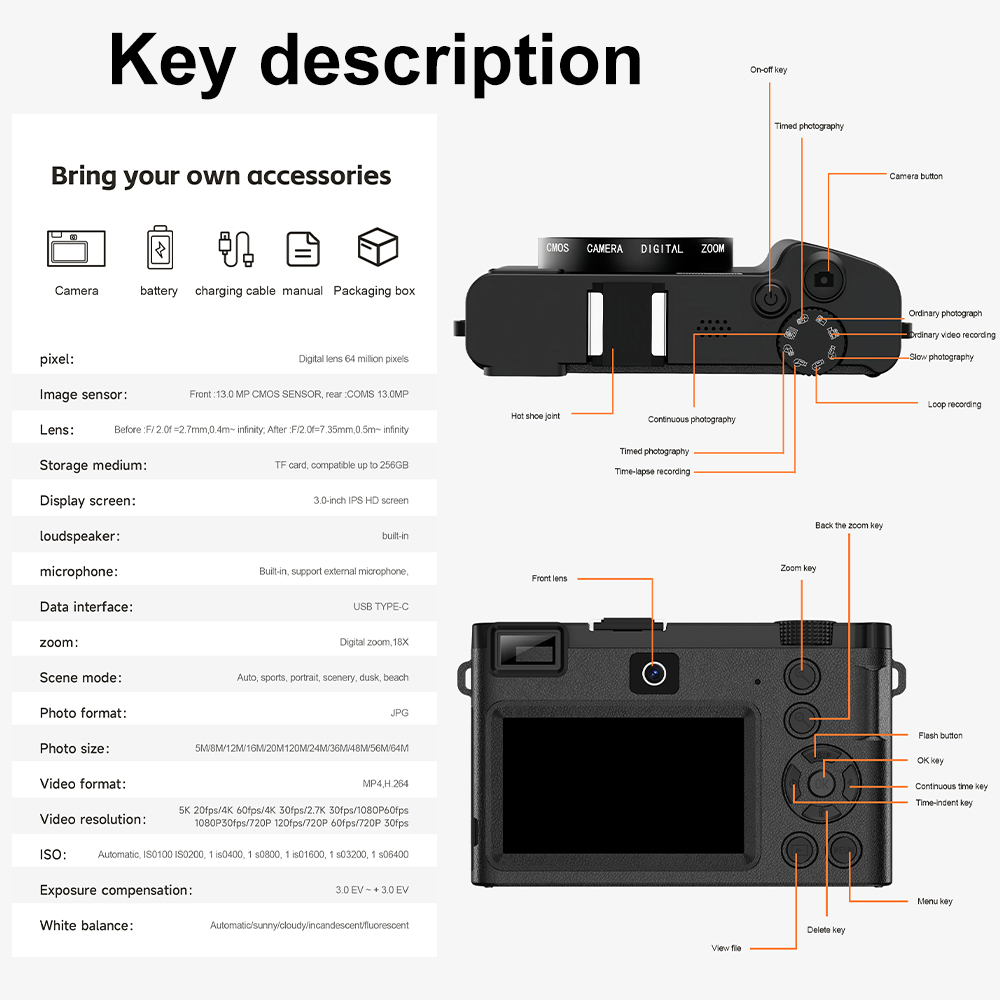 🔥Top Pick🔥5K Mini Digital Camera 64MP 18X Auto Zoom Dual camera Retro ...