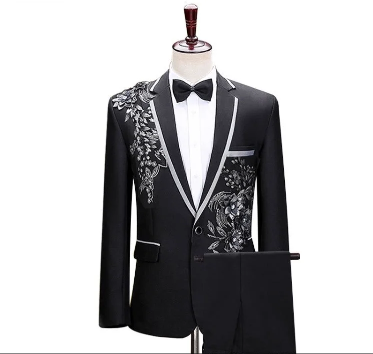New Elegant White Black Sticky floral suit Set Stand Collar Mens ...