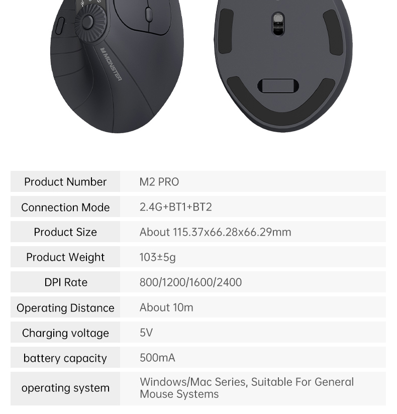 Monster M2Pro/M2MAX Wireless Mouse Ergonomic Vertical Mice LED 8 Buttons 800-2400 DPI Adjustment ...