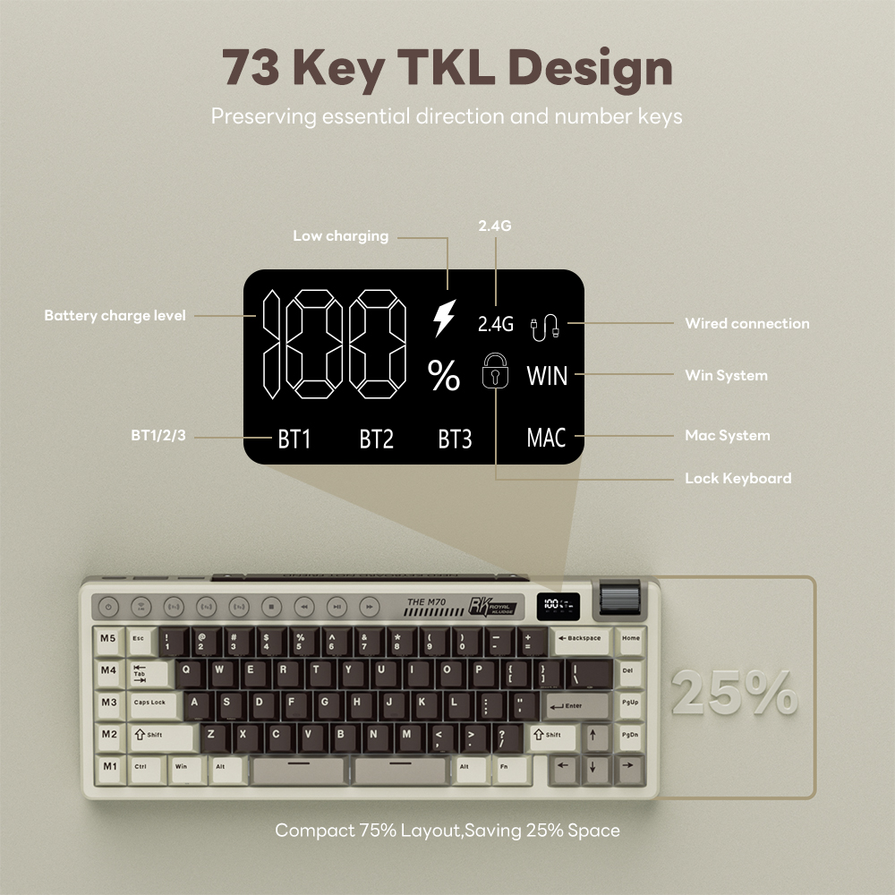 Royal Kludge RK M70 Cyan Purple 73 Key Tri-Mode Wireless With TFT ...