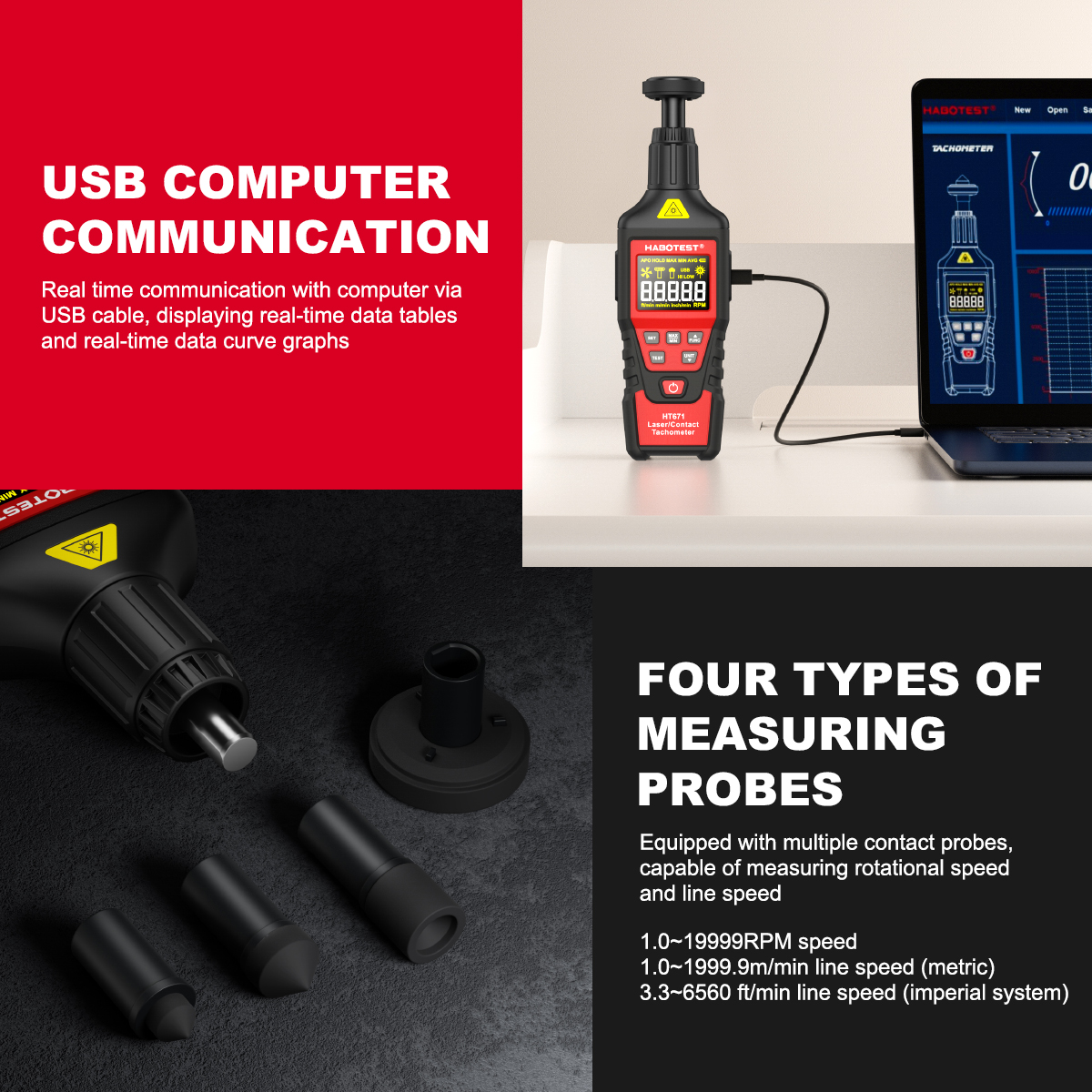 HABOTEST HT671 Digital Tachometer Handheld Contact Motor Tachometer LCD ...