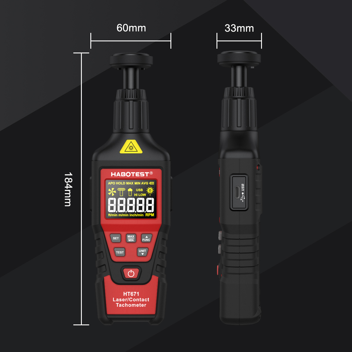 HABOTEST HT671 Digital Tachometer Handheld Contact Motor Tachometer LCD ...