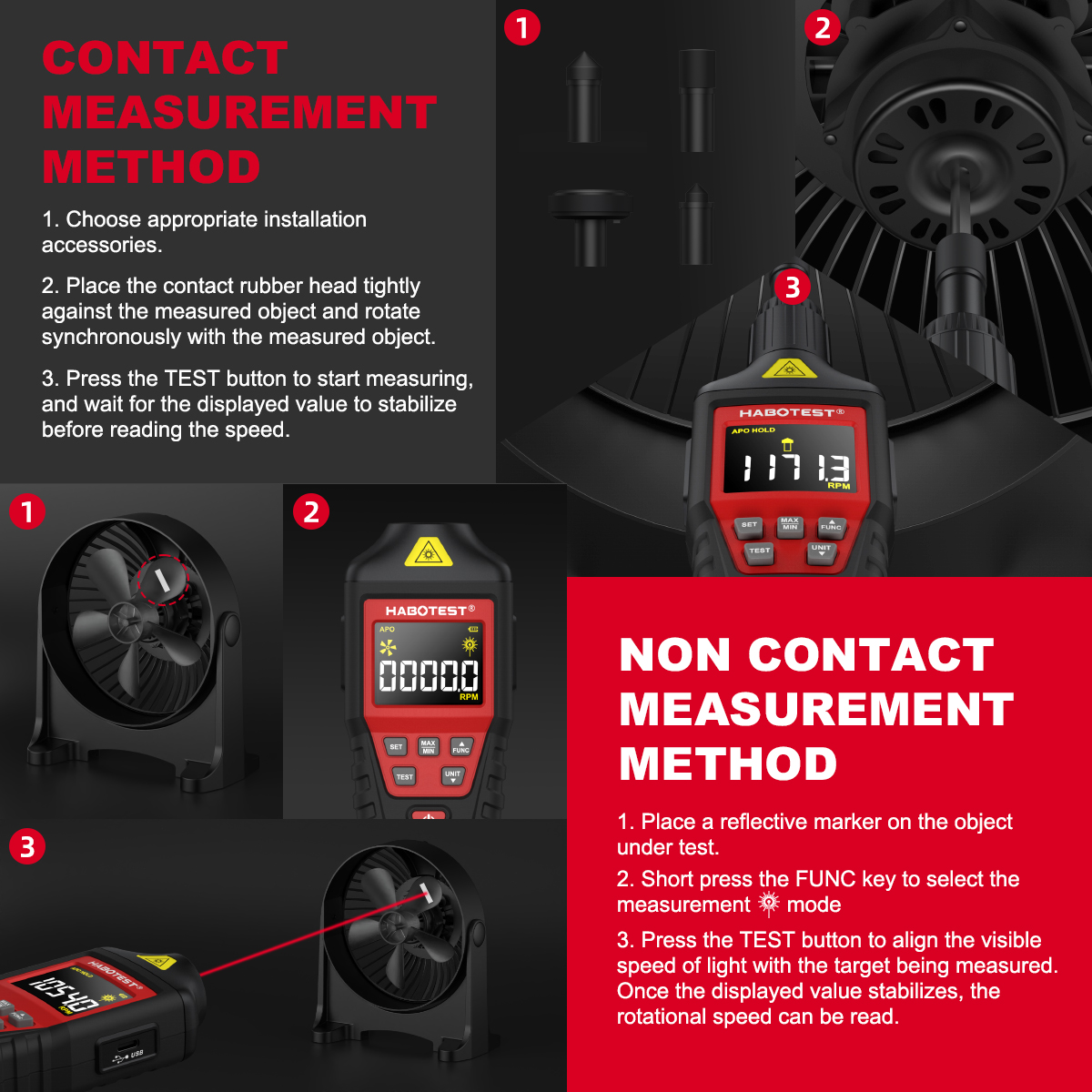 HABOTEST HT671 Digital Tachometer Handheld Contact Motor Tachometer LCD ...