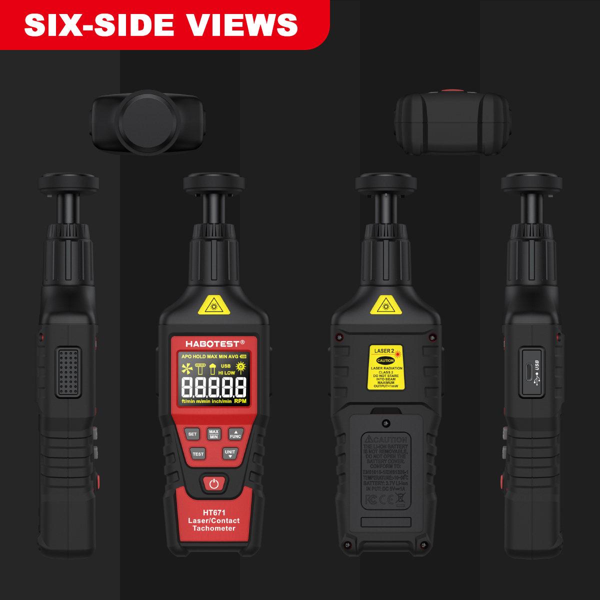 HABOTEST HT671 Digital Tachometer Handheld Contact Motor Tachometer LCD ...
