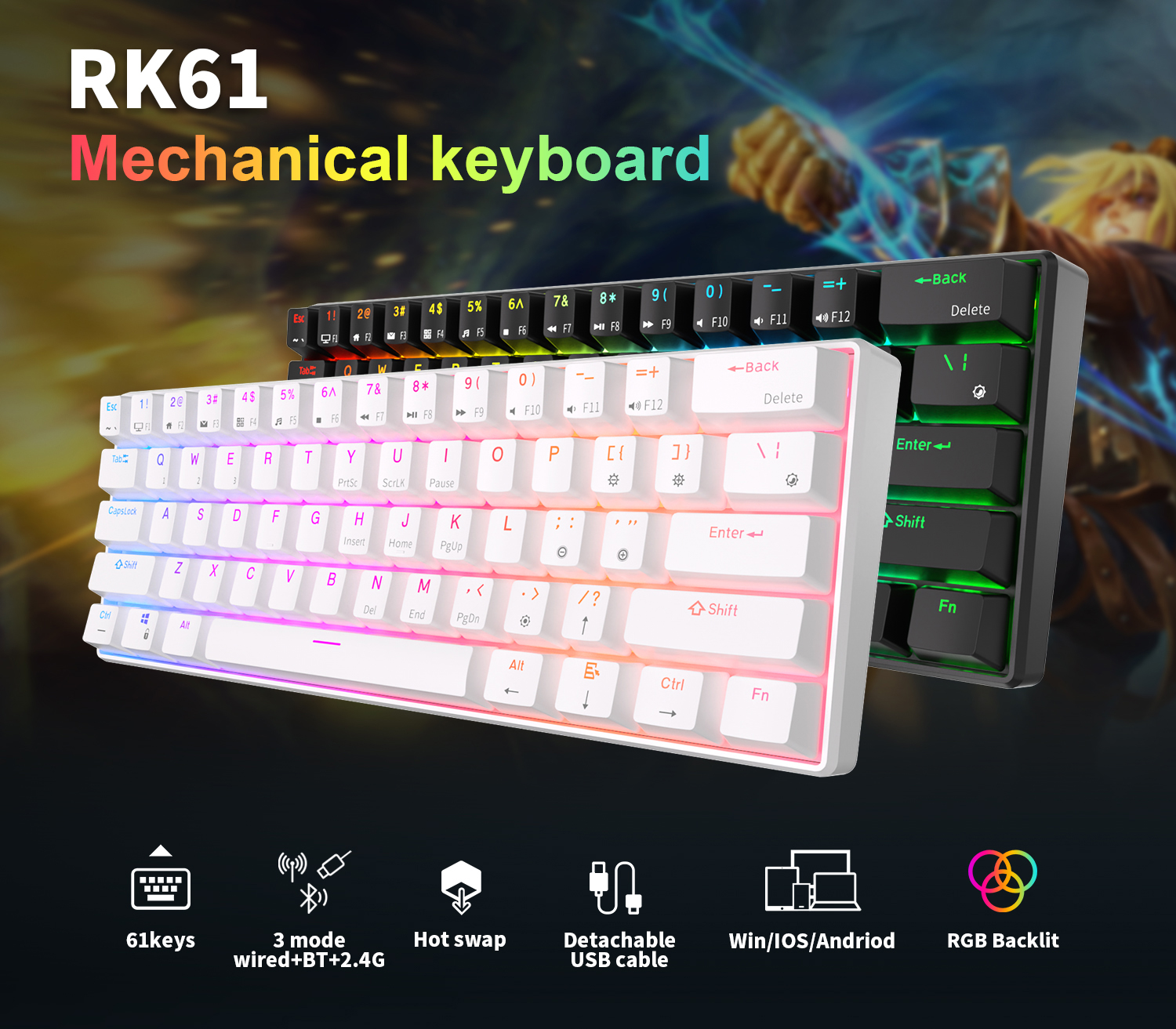 RK61 Royal Kludge Bluetooth 5.0 & USB C Dual Mode RGB Backlit Mechanical Keyboard | Shopee Malaysia