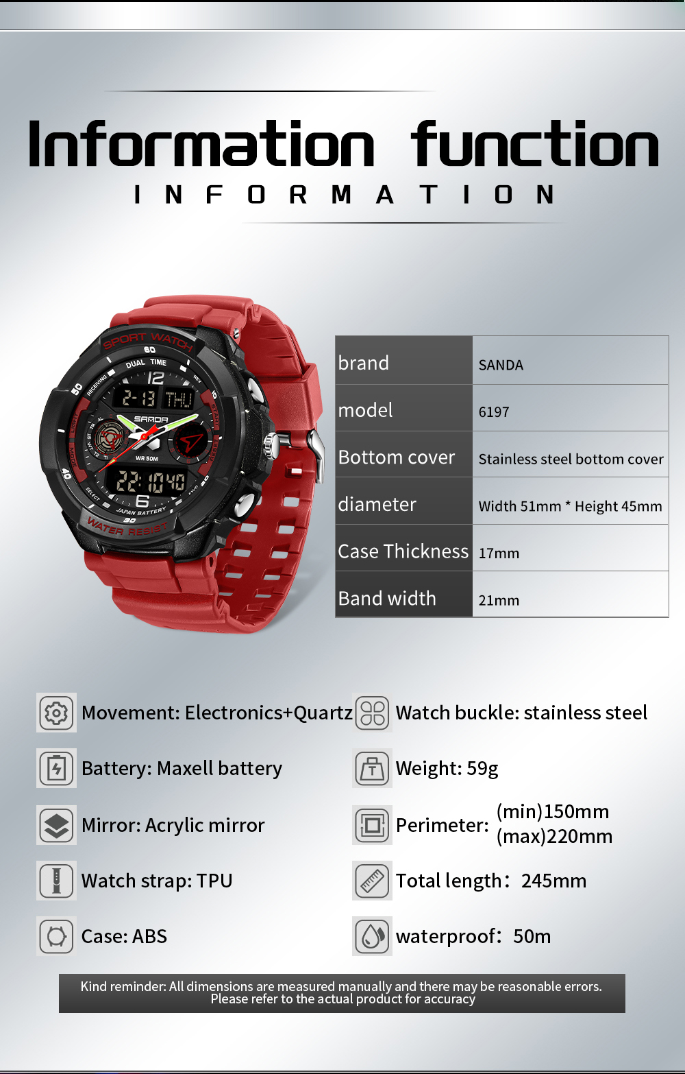 SANDA Top 6197 Korean Student Electronic Watch Sports Multi functional ...