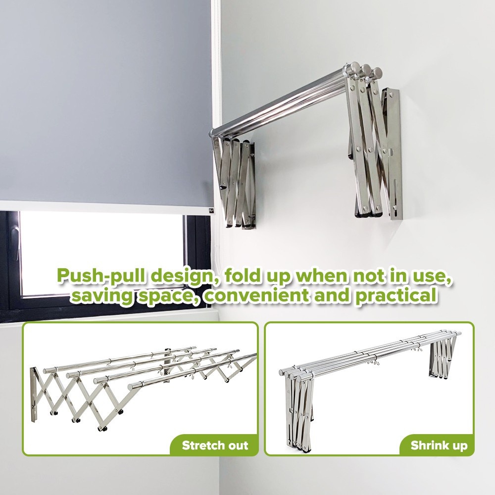 【Ready stock】3/4/5 Bar Stainless Steel Retractable Wall Mounted Clothes ...