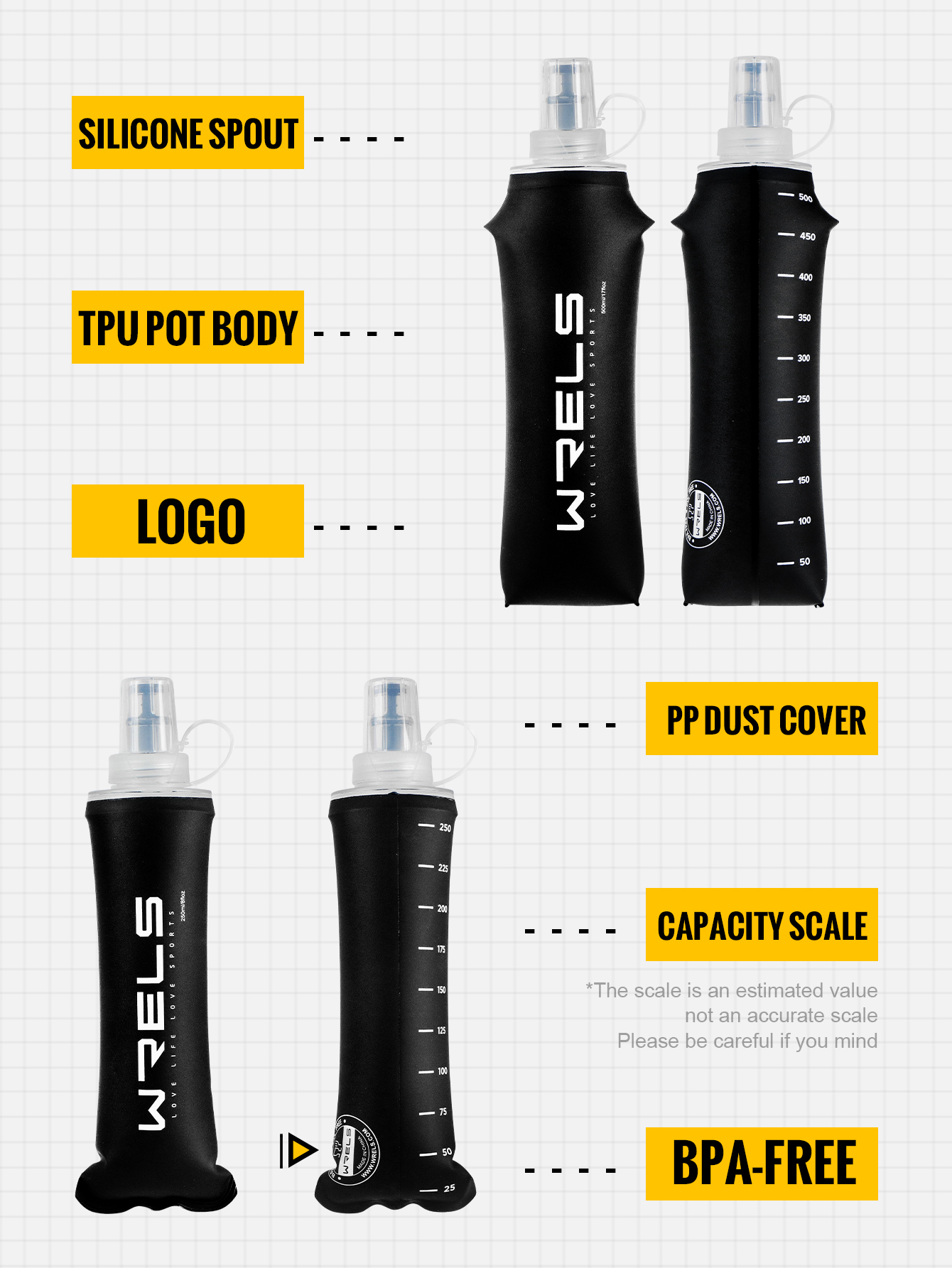 WRELS Foldable Sports Soft Water Bottle Outdoor Hiking Mountaineering ...