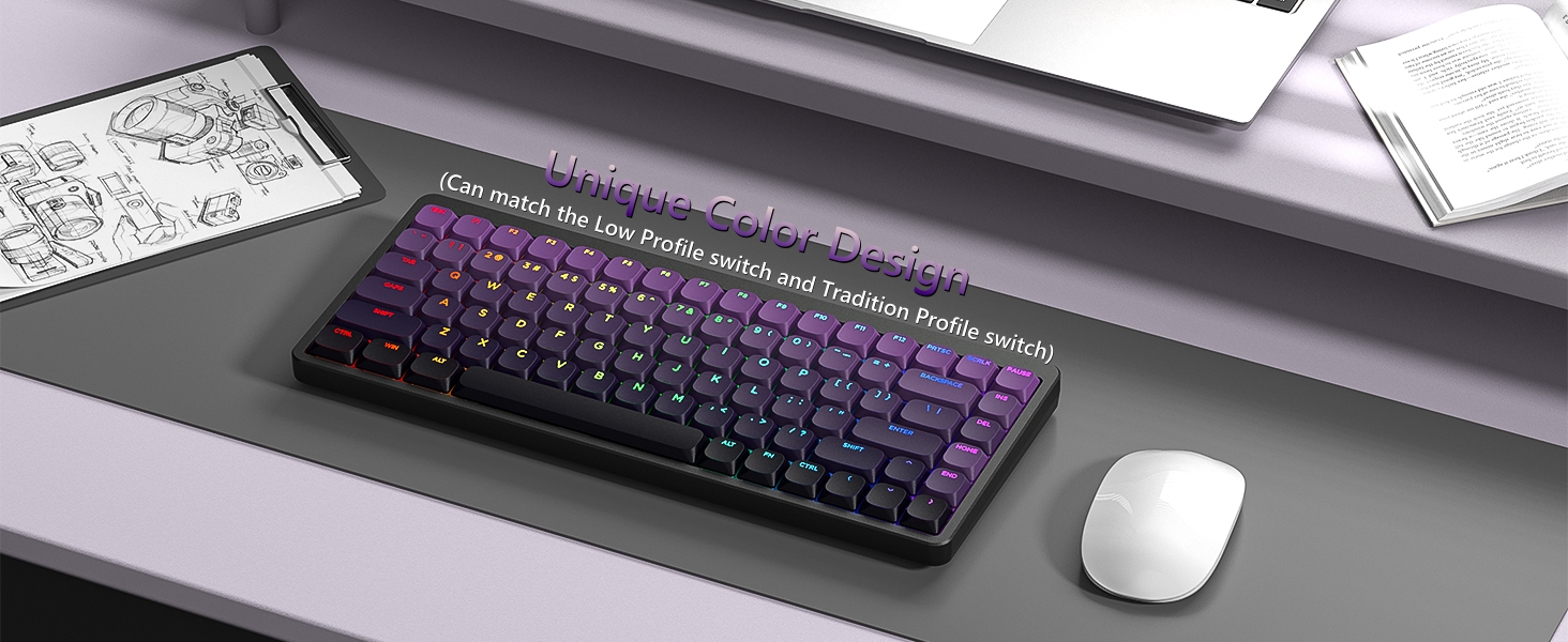 132 Keys Skyline R2 Low Profile PBT Double-Shot Keycaps, Gradient Purple Shine Through Key Caps ...