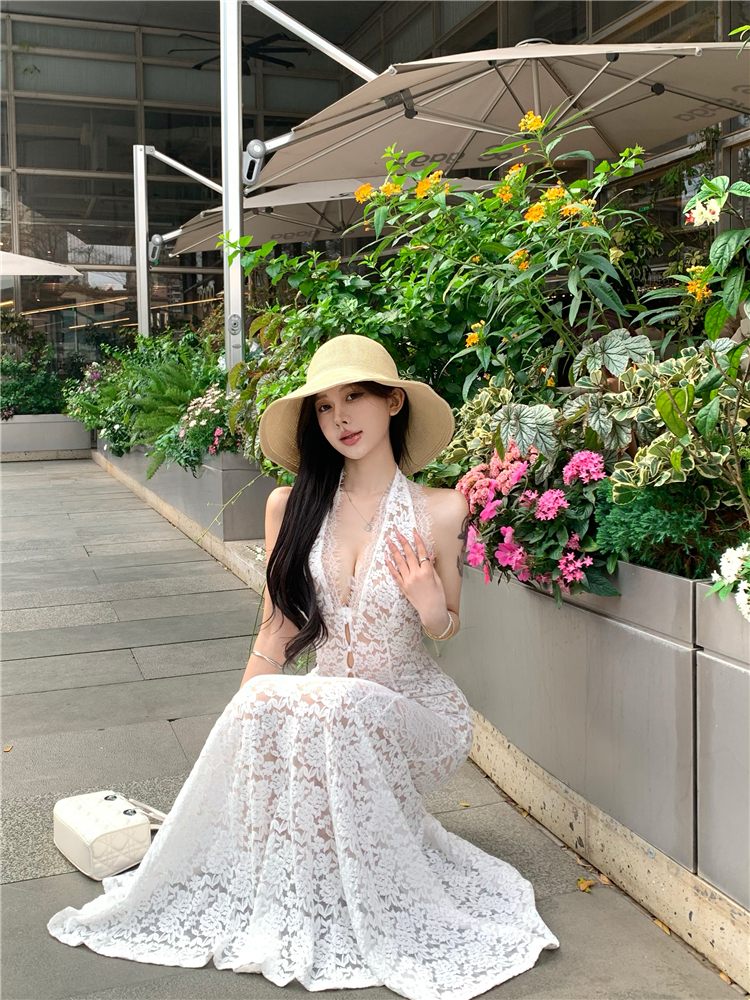 French Travel Leisure Vacation Sexy Lace Halterneck Long Skirt Women's Slim-fit High-End Design ...