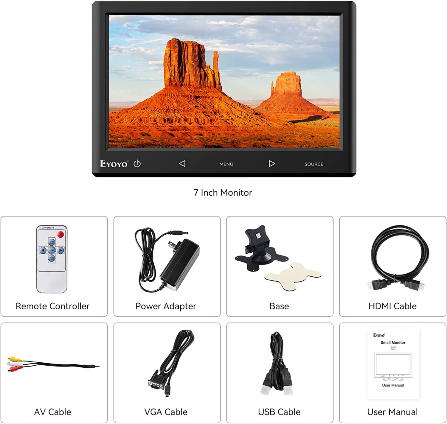 Eyoyo 7 inch Monitor, 1024x600 Small HDMI Monitor, HDMI VGA AV Monitor ...